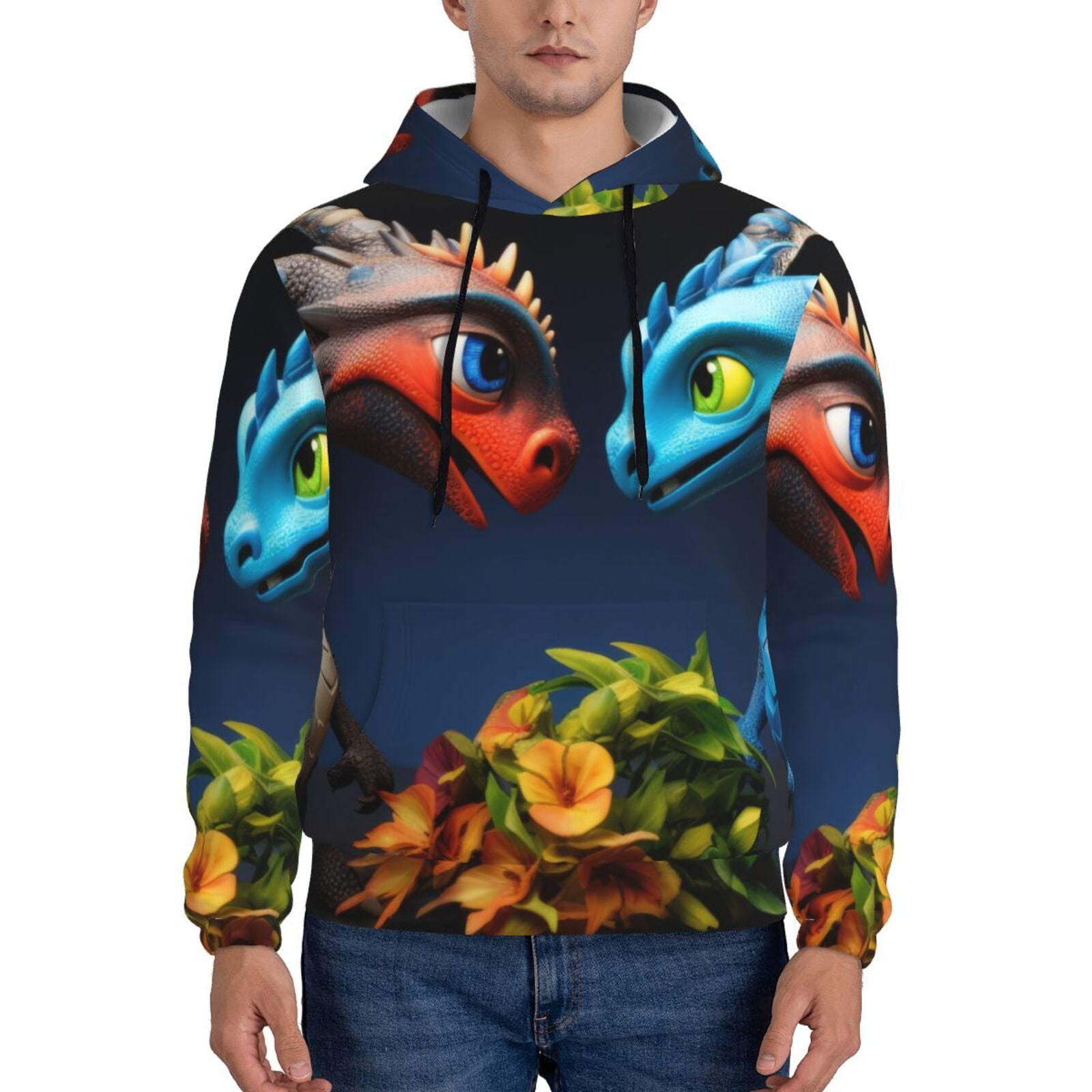 Daiia Playful Colorful Dragons Flowers for Men's Fashion Hoodies ...