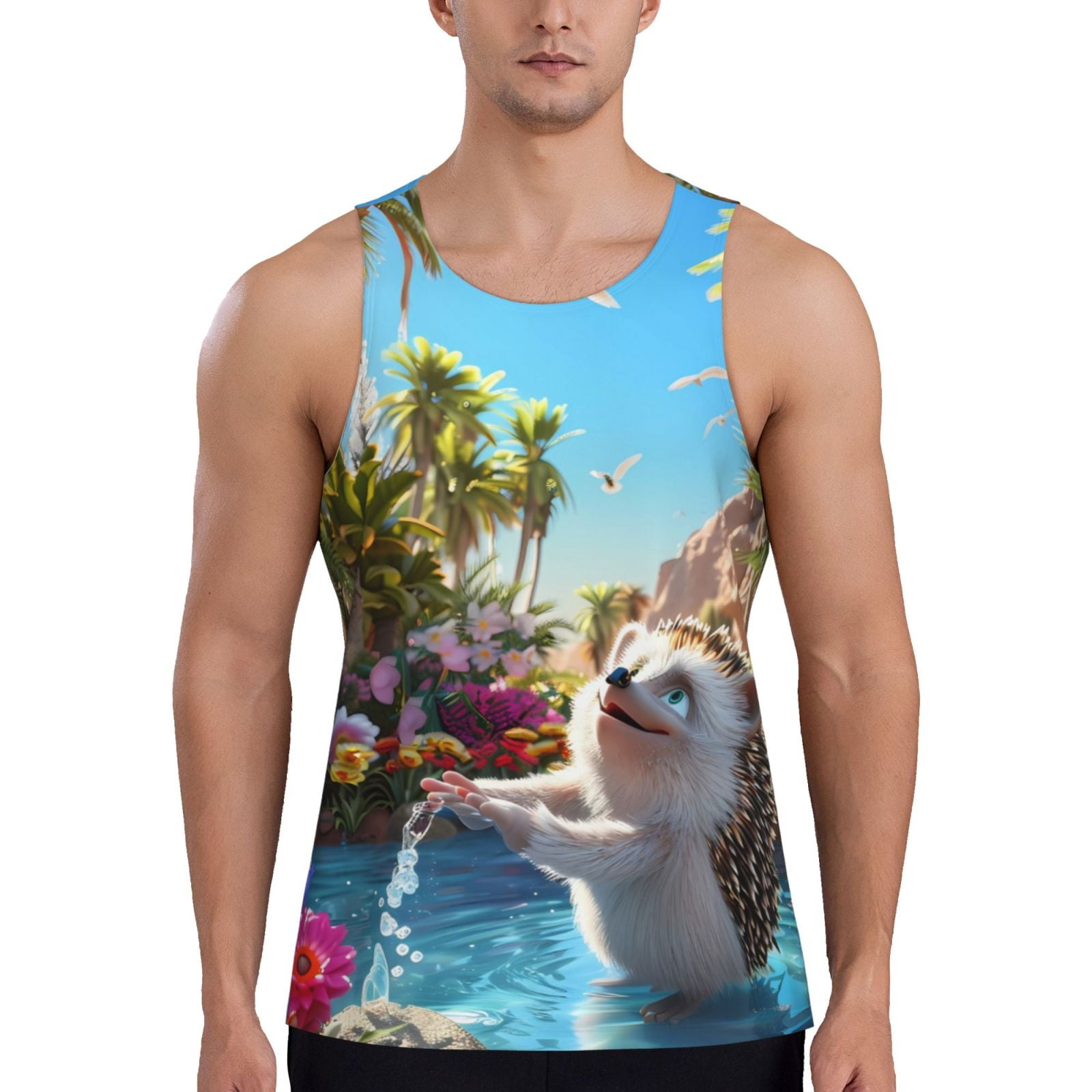 Daiia Playful Hedgehog Forest Pond Printed Men's Quick Dry Fit Muscle ...