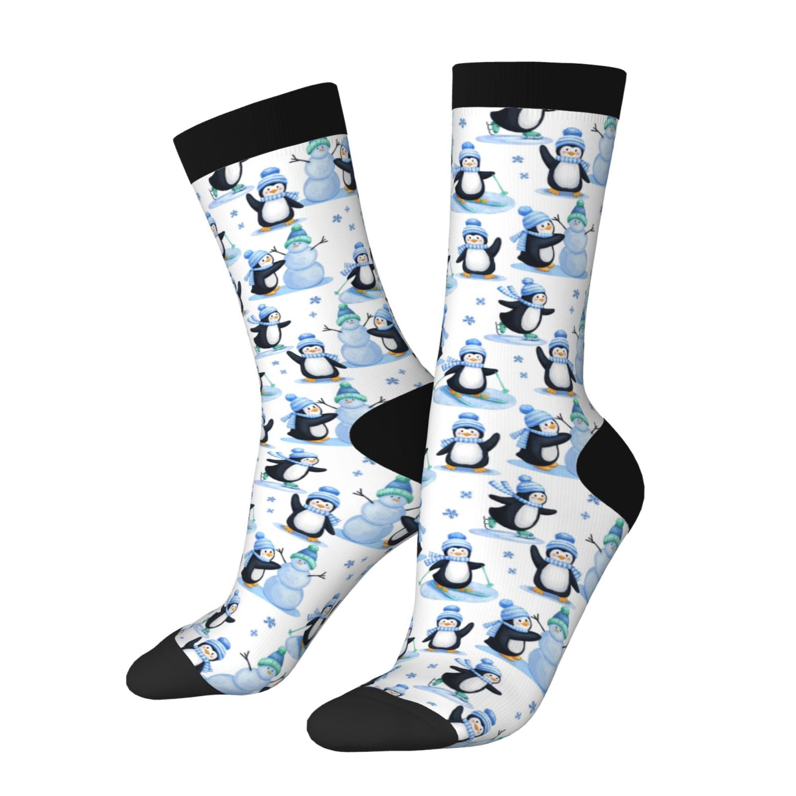 Daiia Playful Penguins and Snowmen Print Crew Socks – Soft Breathable ...
