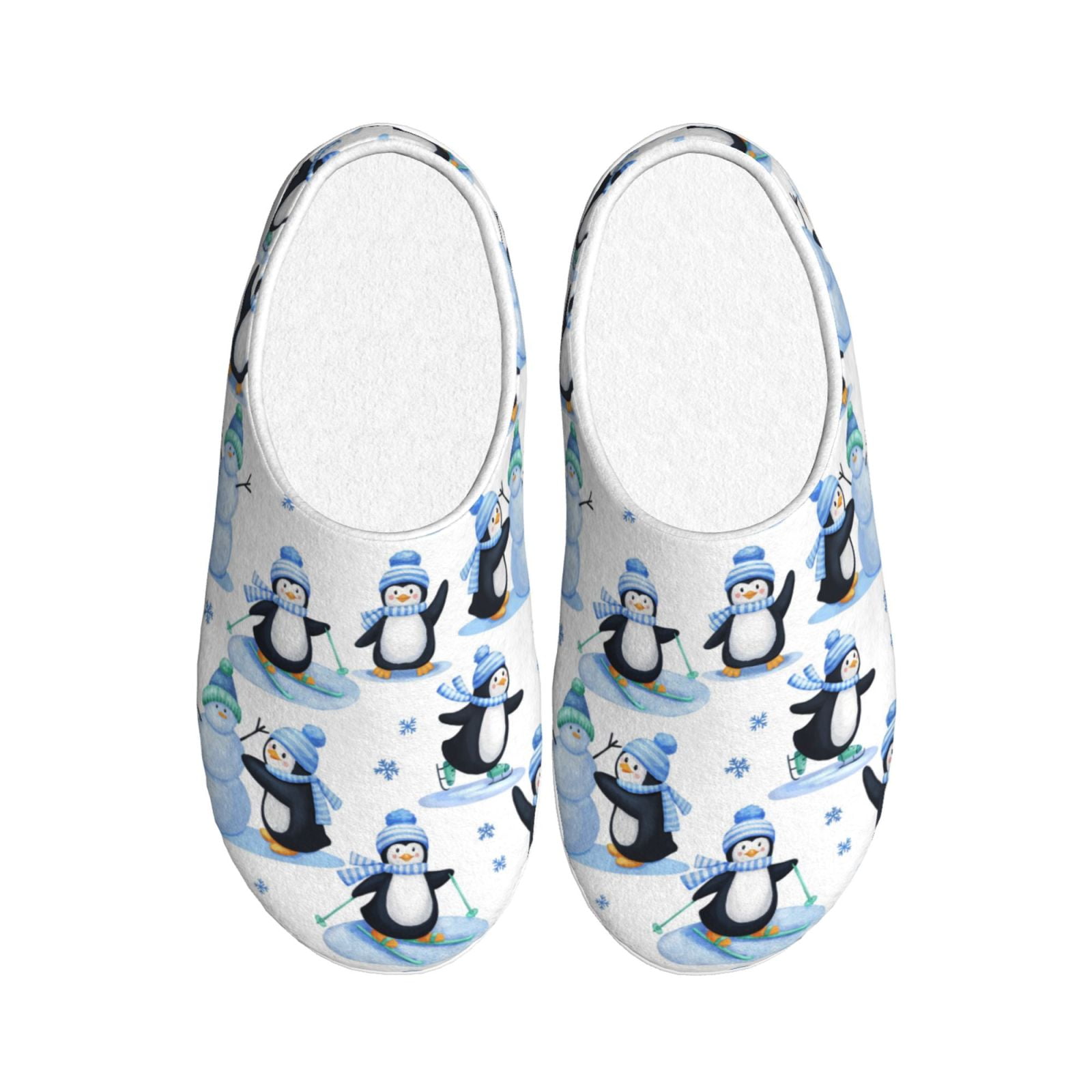 Daiia Playful Penguins and Snowmen Print Women’s Fuzzy Slippers Memory ...