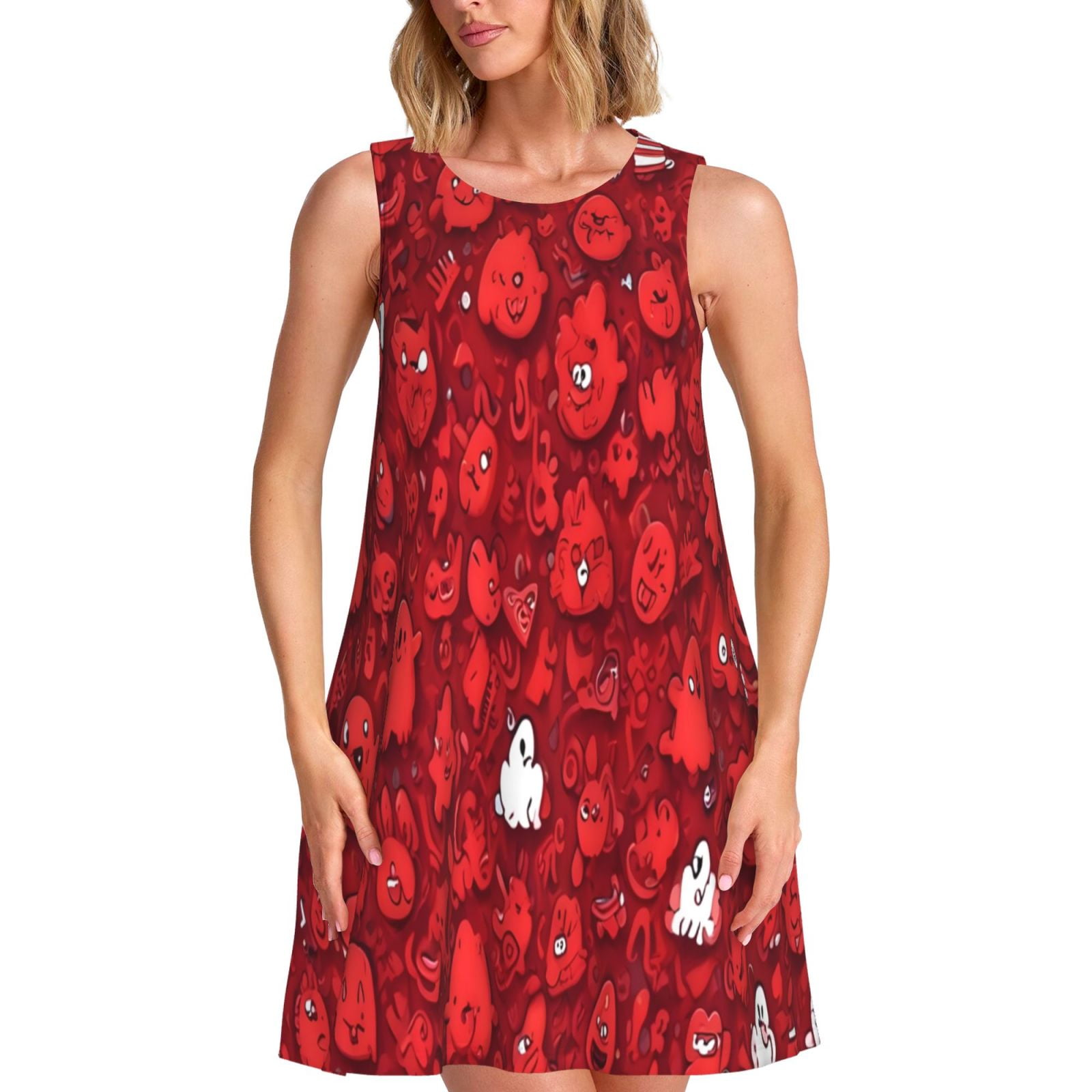 Daiia Playful Red Cartoon Faces Print Women's Dresses 2025 Trendy Short ...