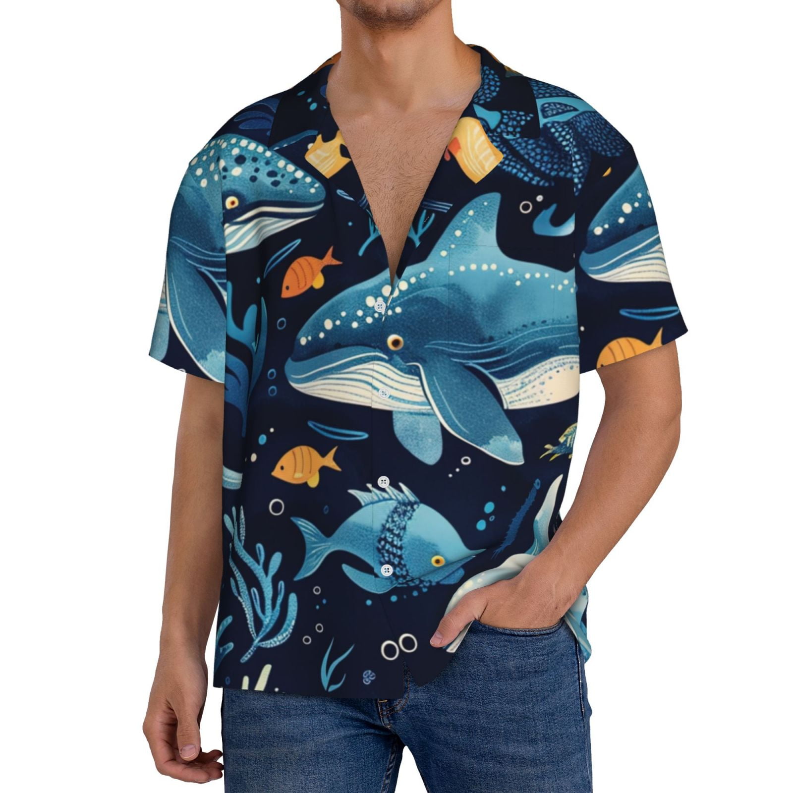 Daiia Playful Whales Underwater Scene Men's Linen Shirts Short Sleeve ...