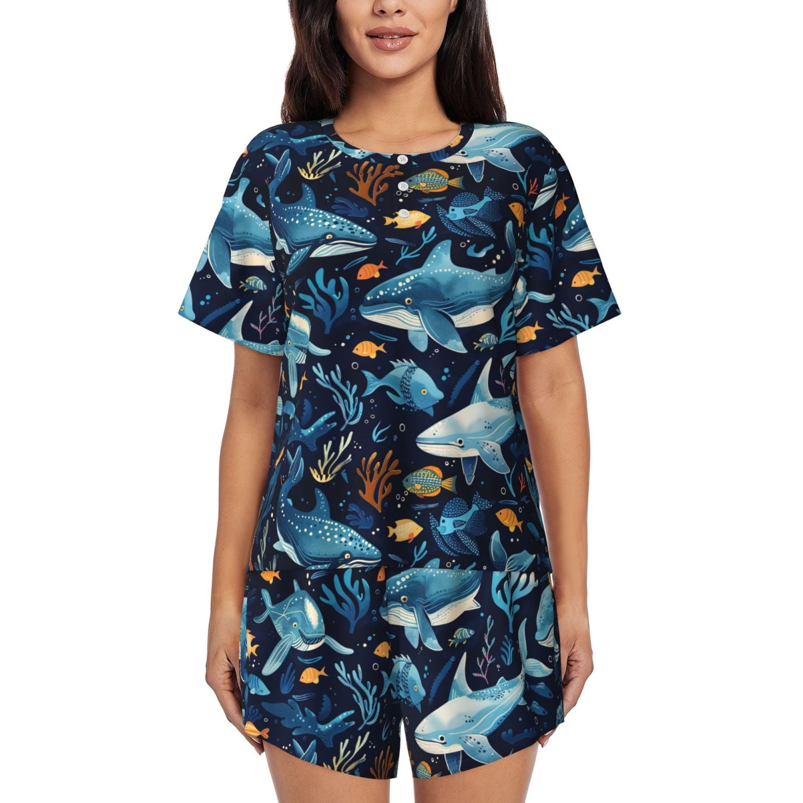 Daiia Playful Whales Underwater Scene Pattern Womens Pajama Sets Short ...