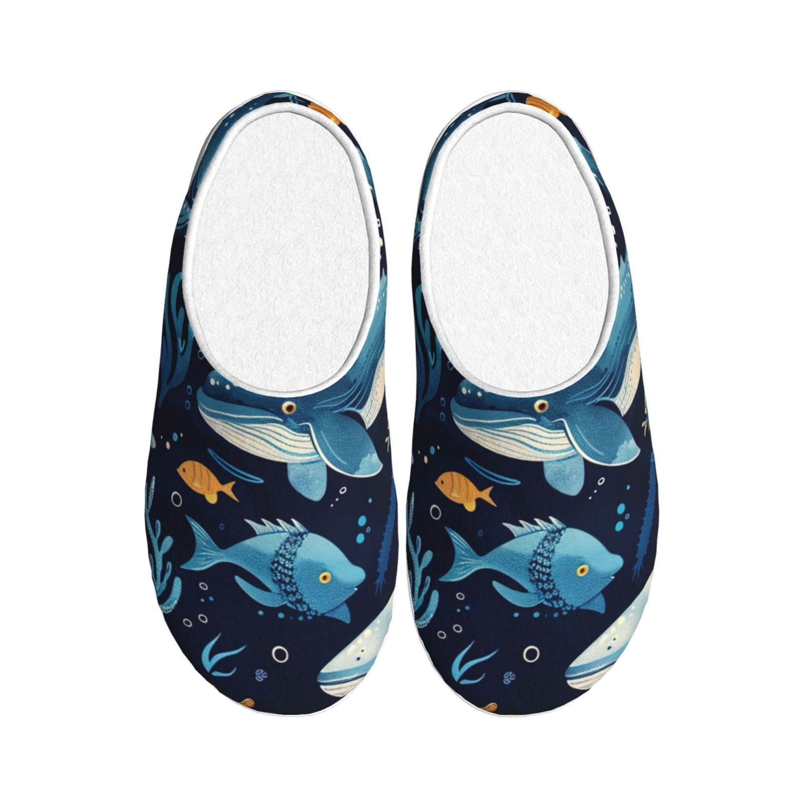 Daiia Playful Whales Underwater Scene Print Women’s Fuzzy Slippers ...