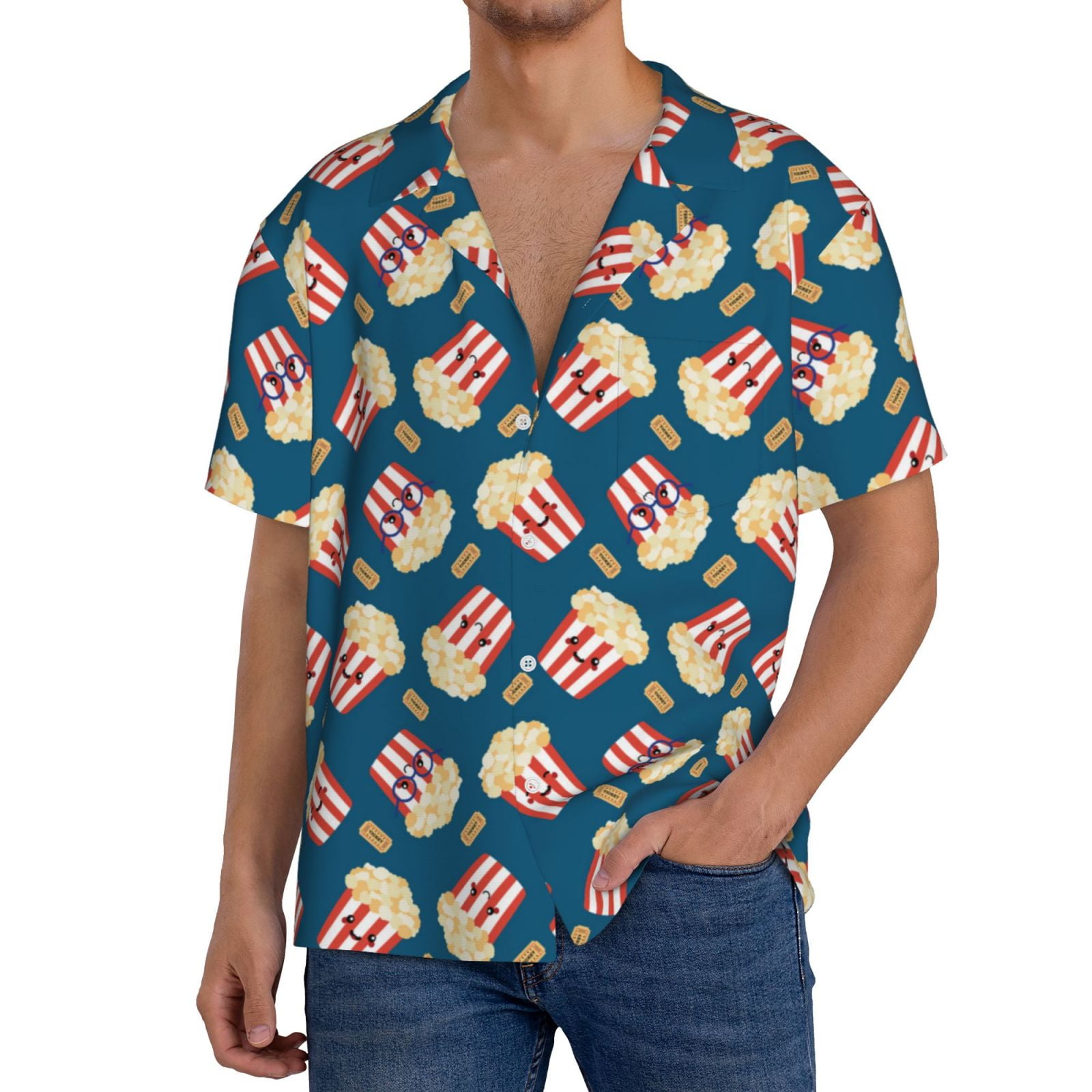 Daiia Popcorn With Glasses Men's Linen Shirts Short Sleeve Casual ...