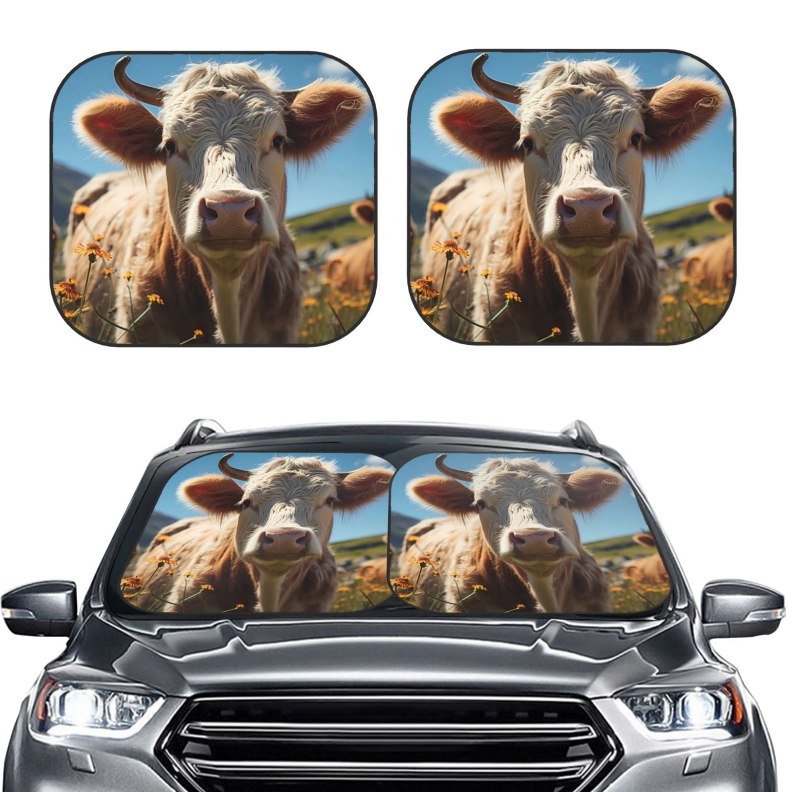 Daiia Prairie Flower Cow 2PCS Car Windshield Sun Shade, Foldable Sun ...