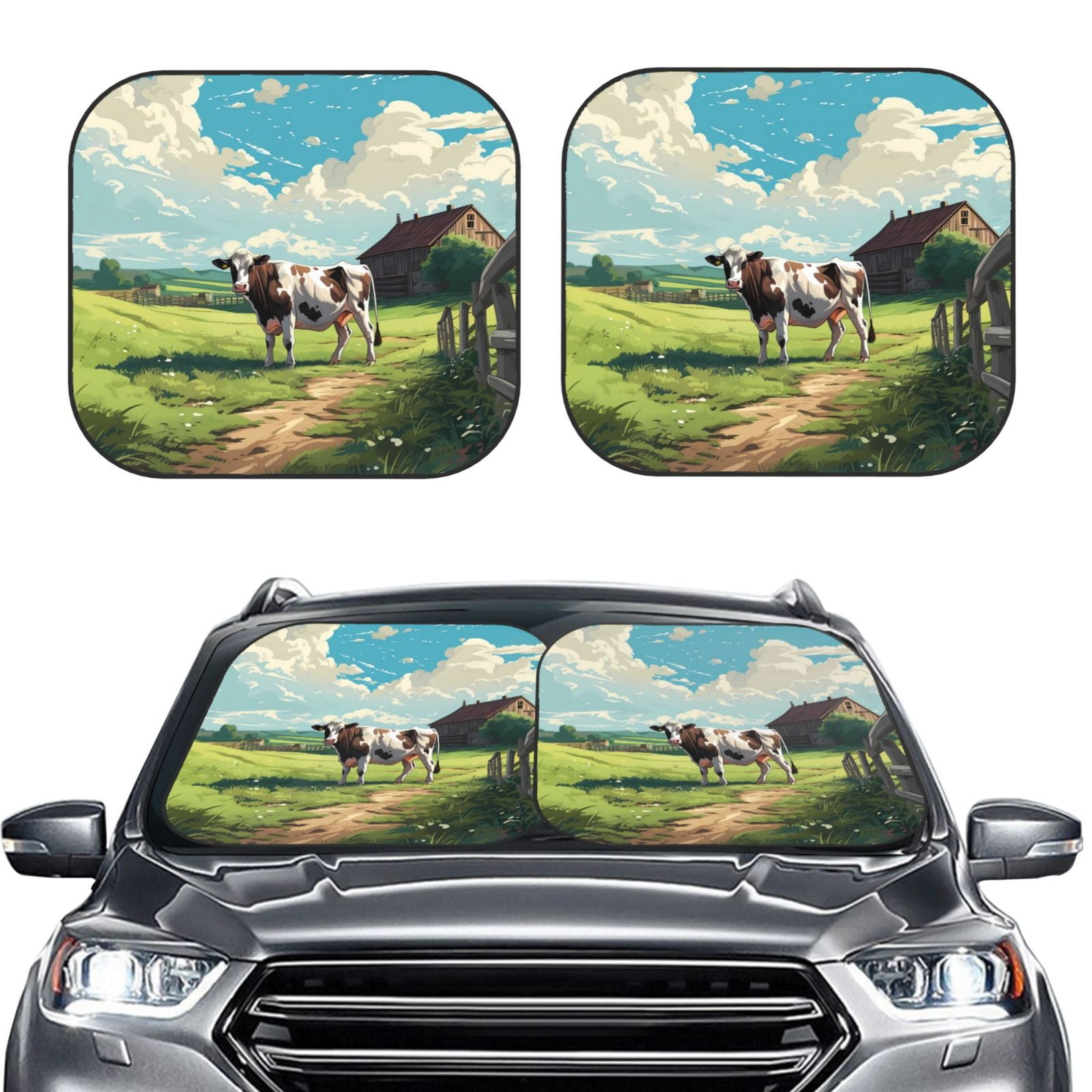 Daiia Prairie Pasture Cow 2PCS Car Windshield Sun Shade, Foldable Sun ...
