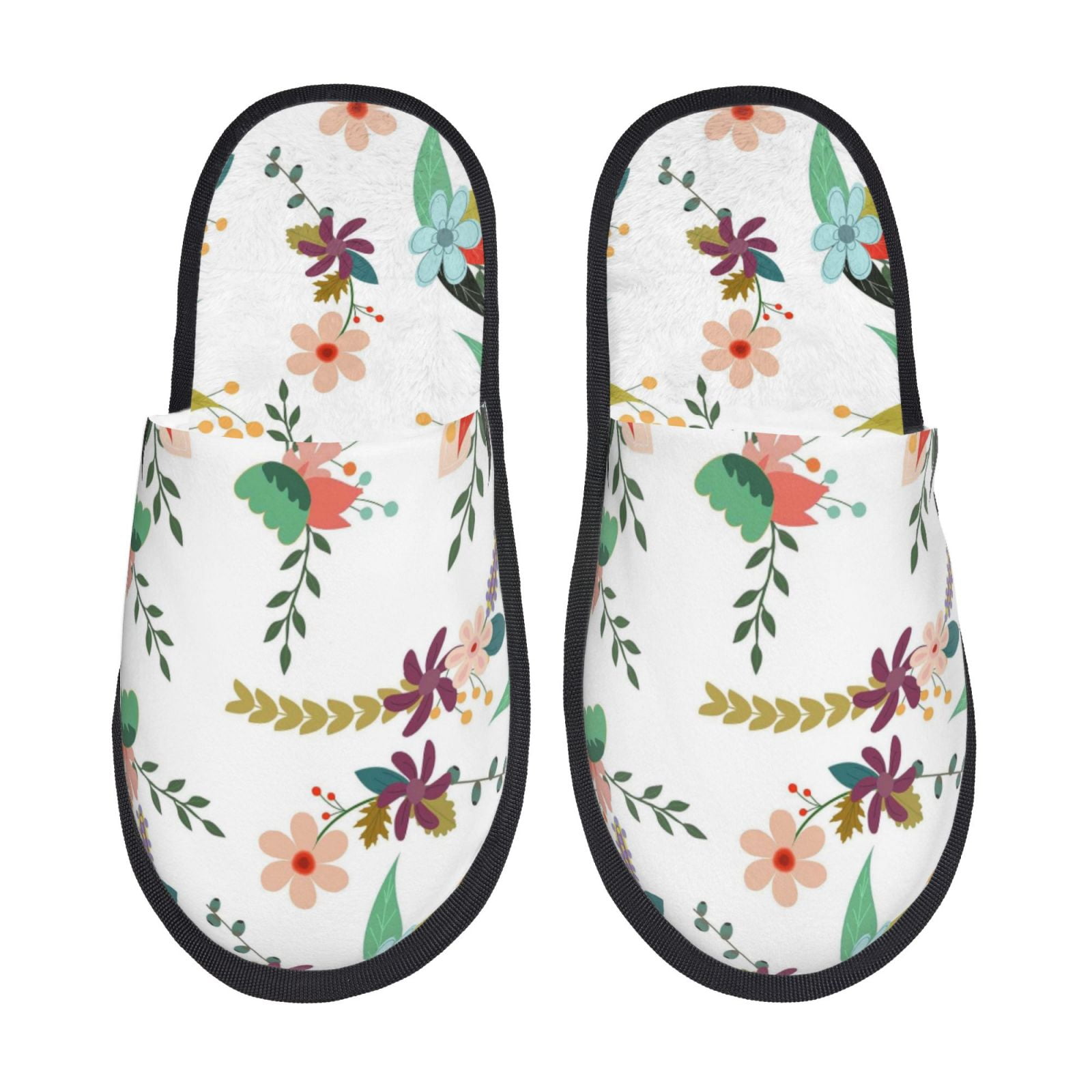 Daiia Pretty Floral With Leaves Pattern Furry Slippers for Women and ...