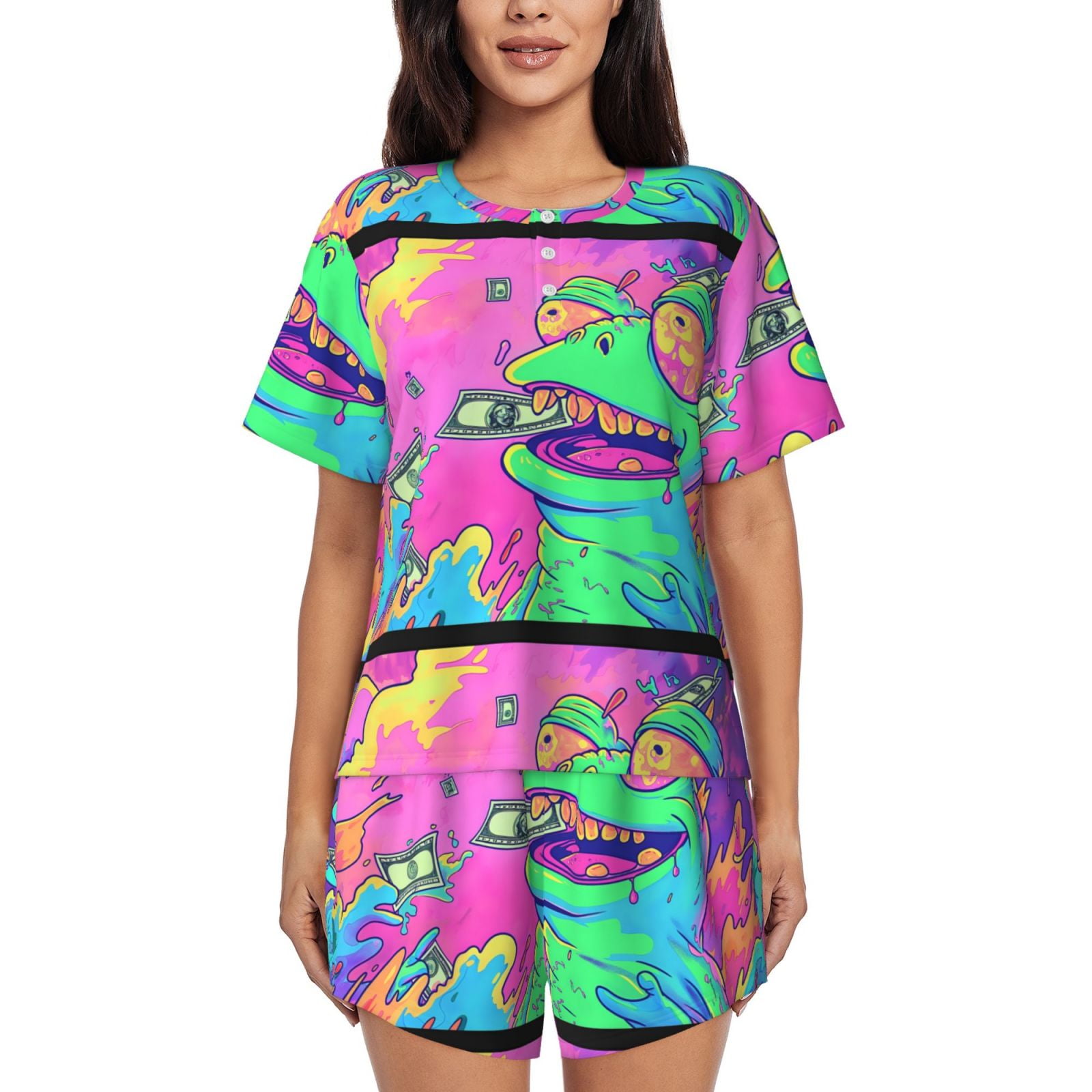 Daiia Psychedelic Cartoon Frog Pattern Womens Pajama Sets Short Sleeve ...