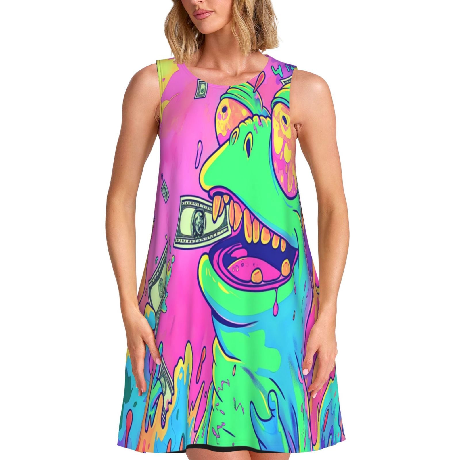 Daiia Psychedelic Cartoon Frog Print Women's Dresses 2025 Trendy Short ...