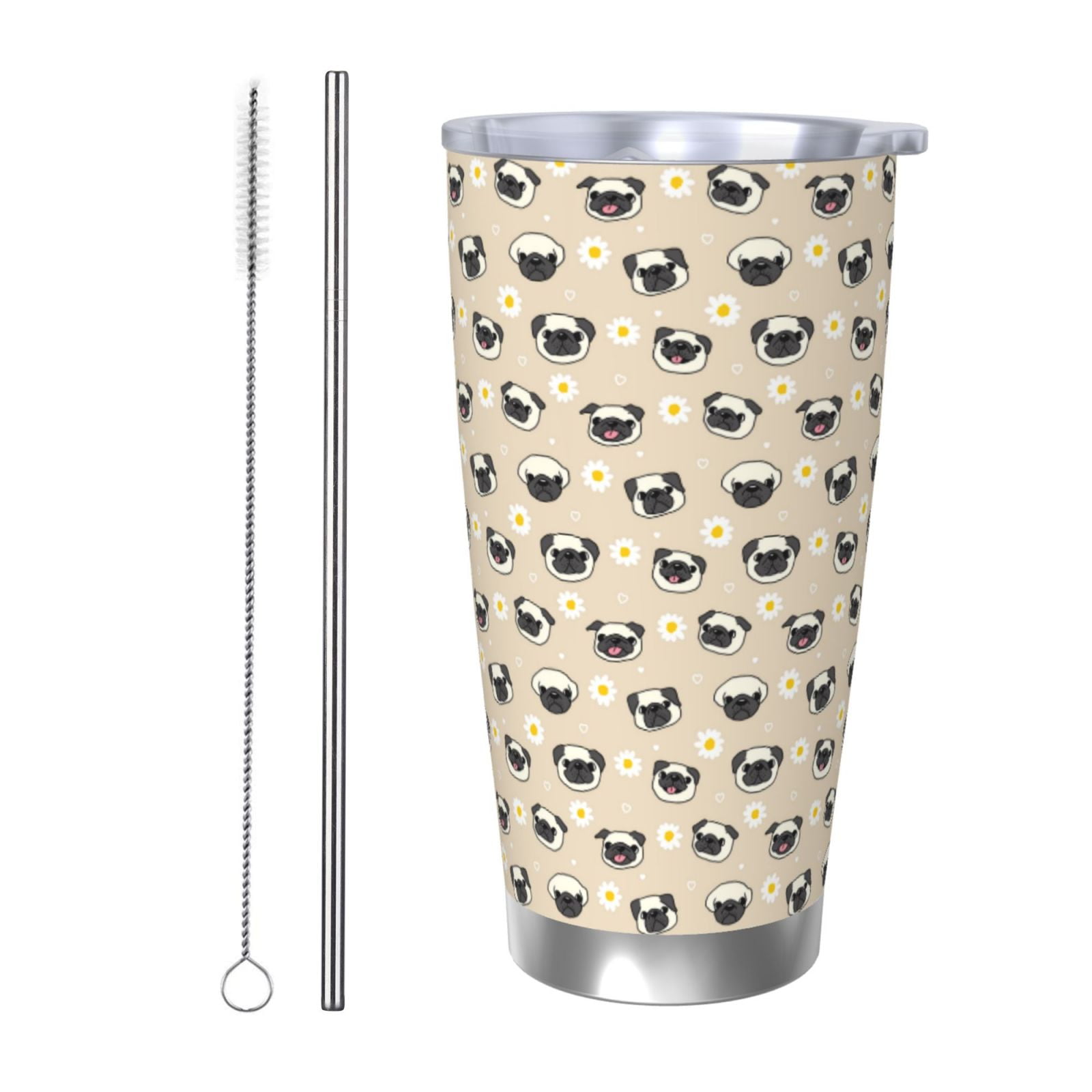 Daiia Pug Dog Face Printed 20oz Insulated Coffee Cup with Straw Topper ...