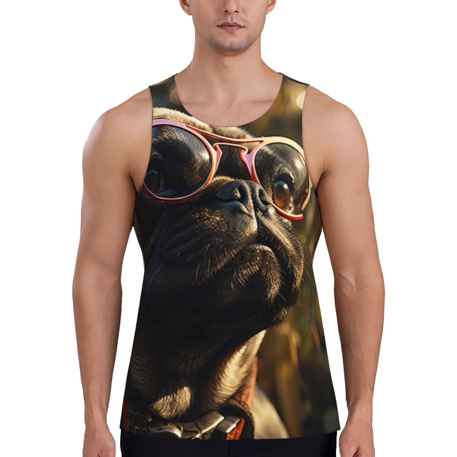 Daiia Pug Wearing Sunglasses Flowers Printed Men's Quick Dry Fit Muscle ...
