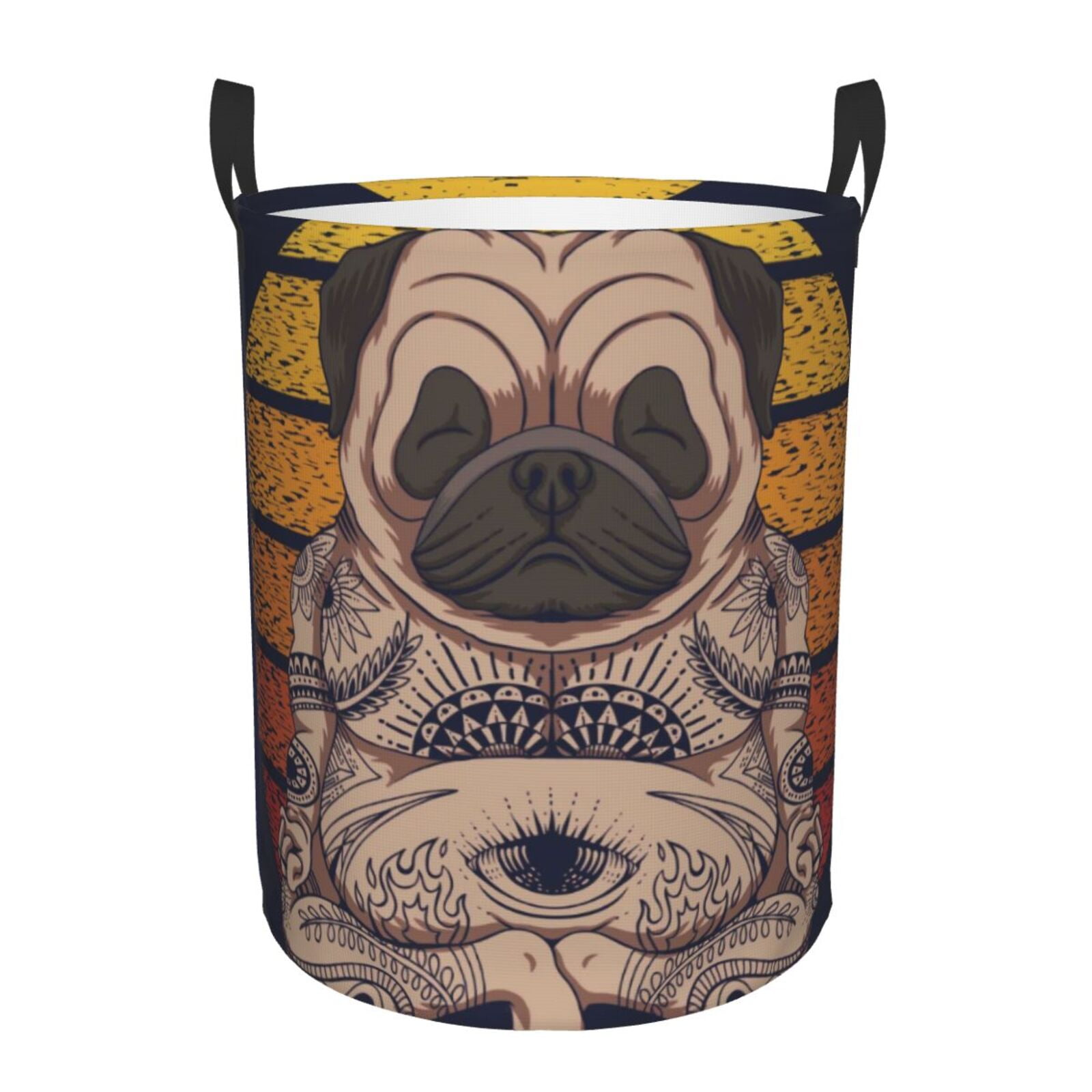 Daiia Pug dog Yoga Round Laundry Basket with Handles Thickened ...