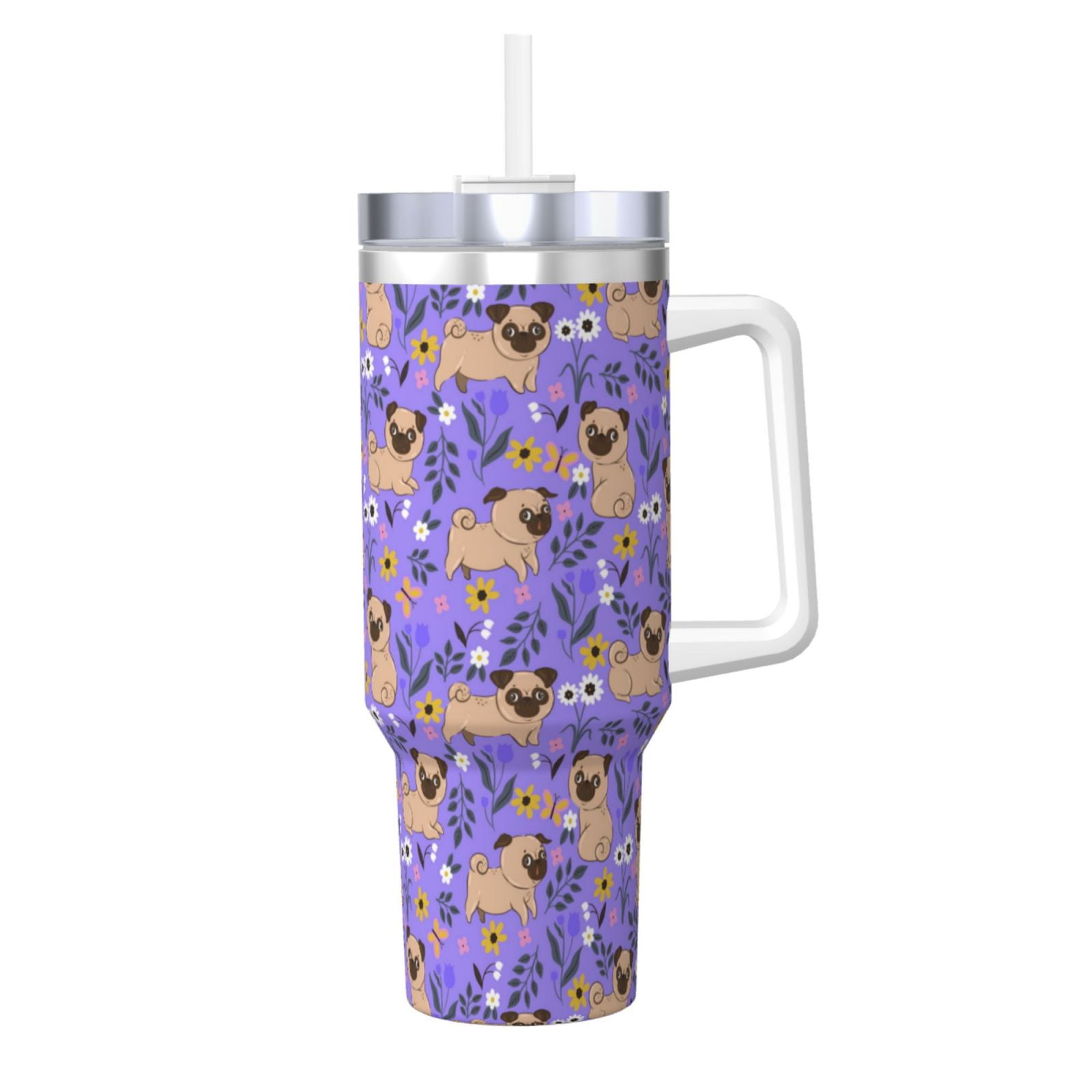 Daiia Pugs and Flowers Printed 40 oz Tumbler with Handle,Ice Bully ...
