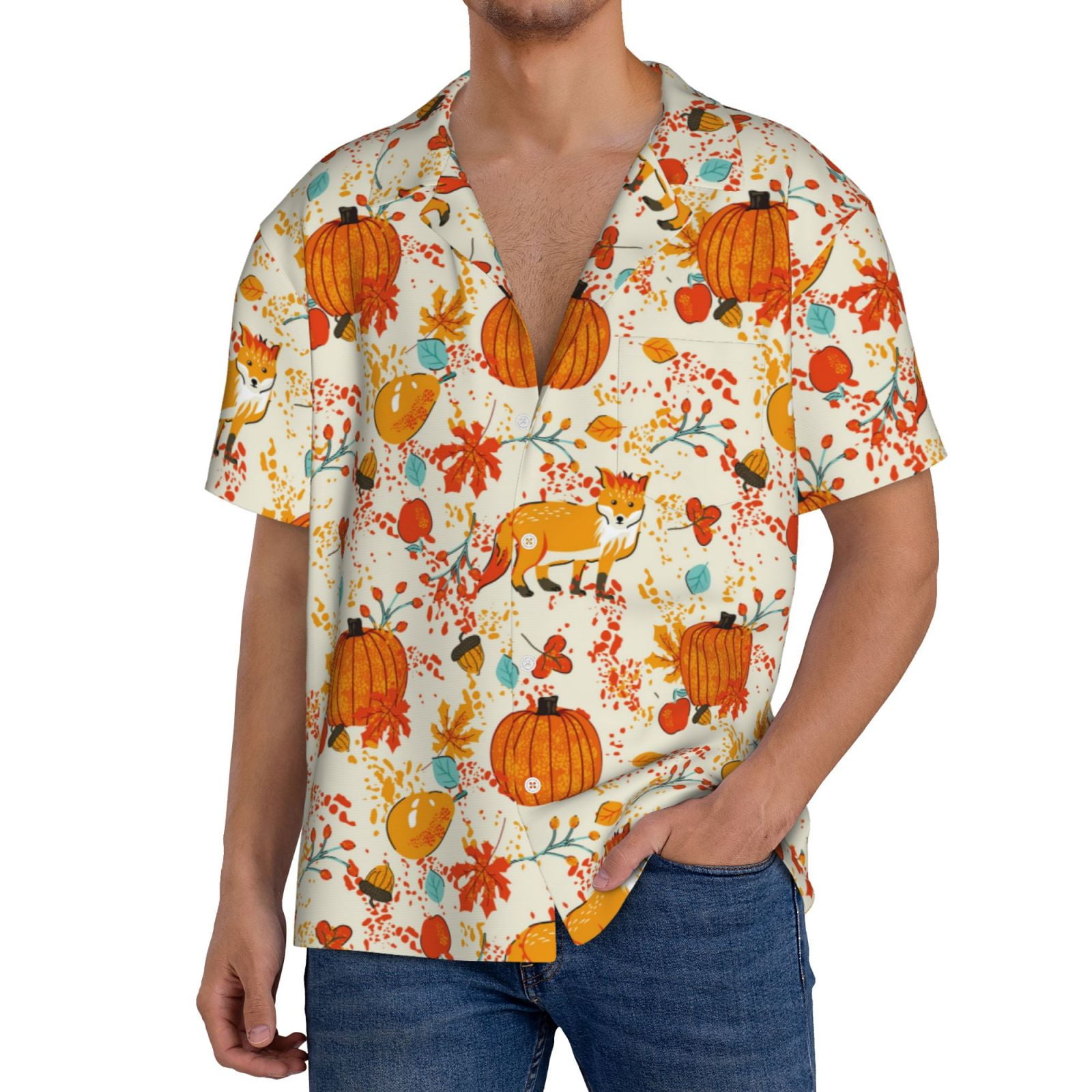 Daiia Pumpkin Fall Pears Men's Linen Shirts Short Sleeve Casual Shirts ...