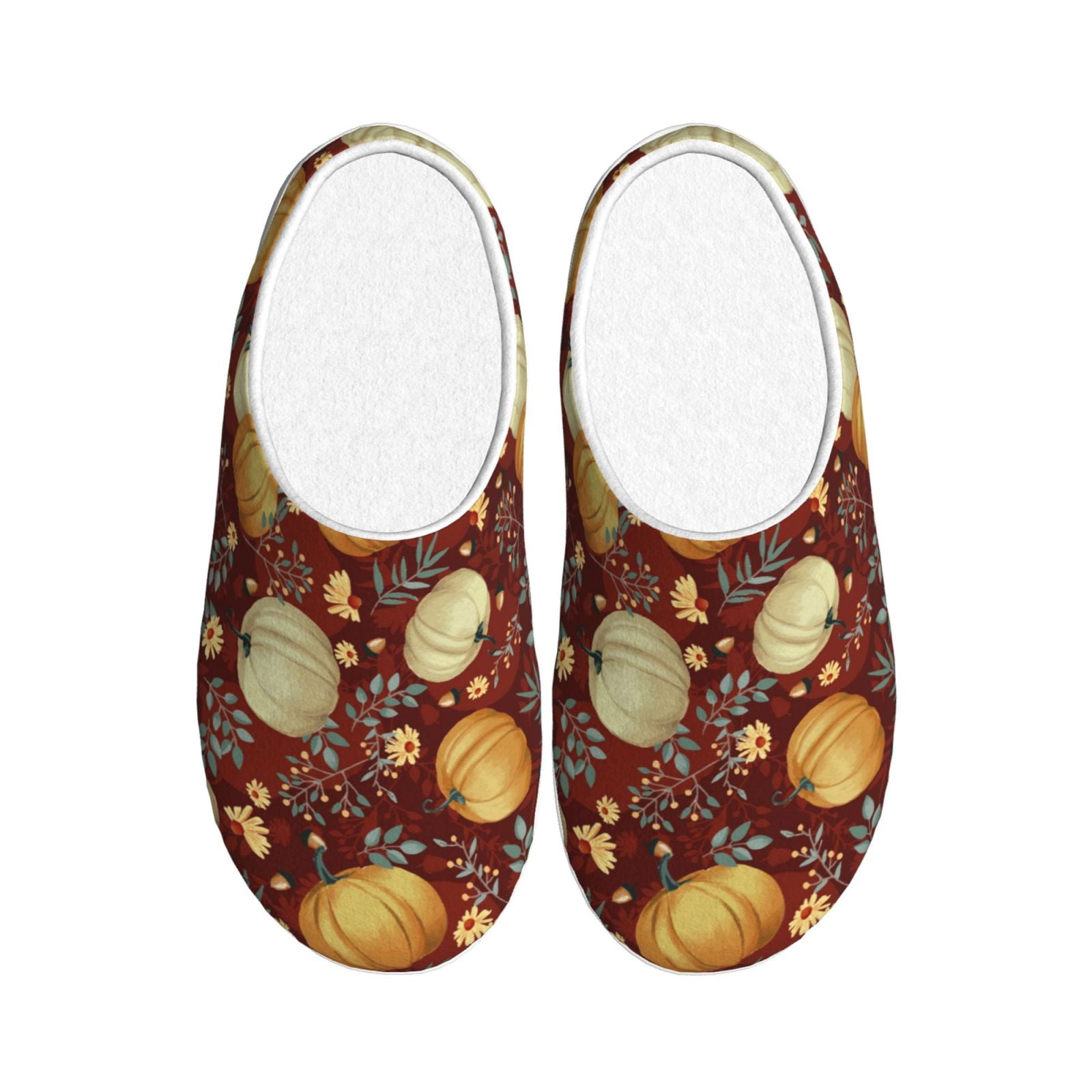Daiia Pumpkin Leaf Daisy Print Women’s Fuzzy Slippers Memory Foam ...