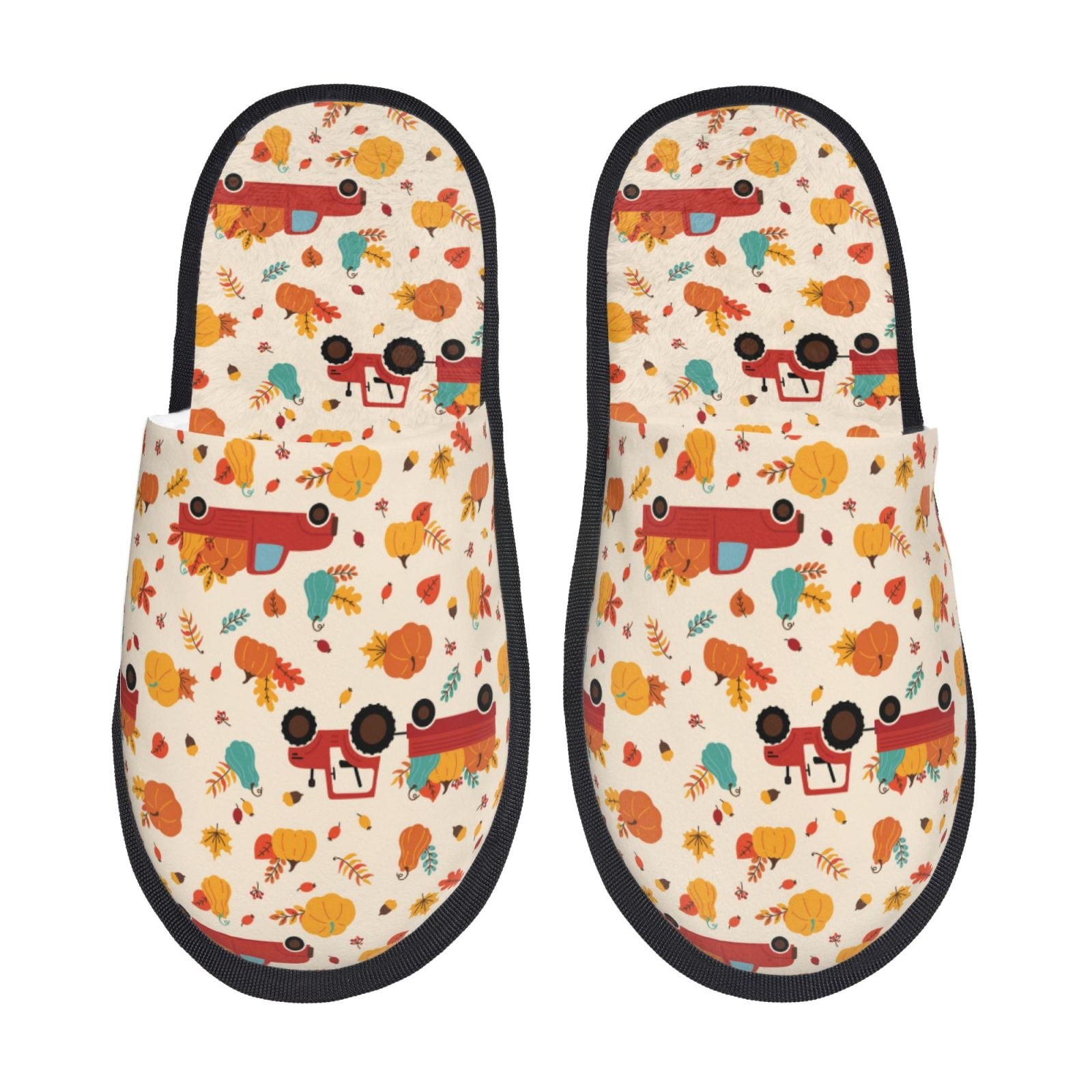 Daiia Pumpkins On Red Car And Tractor Pattern Furry Slippers for Women ...
