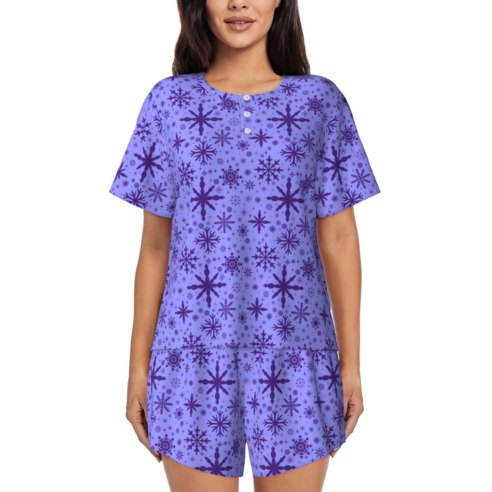 Daiia Purple Snowflake Elegance Pattern Womens Pajama Sets Short Sleeve ...