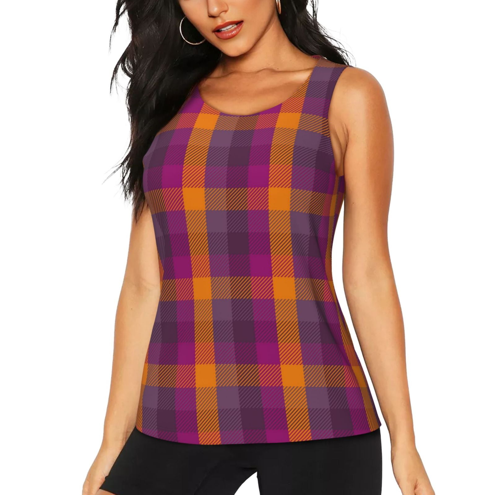 Daiia Purple Yellow Buffalo Plaid Printed Womens Workout Tops for Women ...