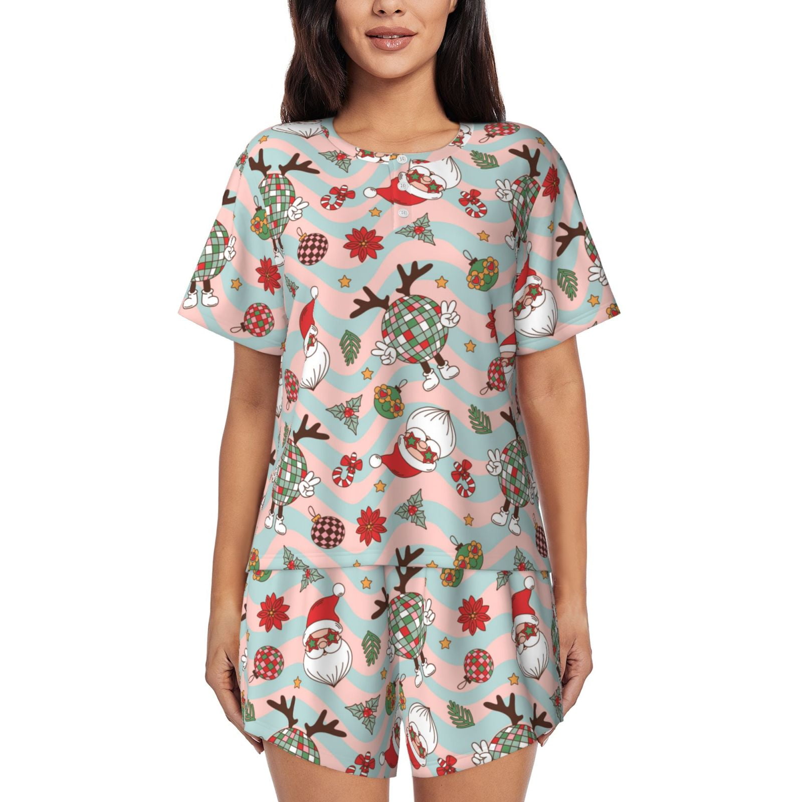 Daiia Quirky Santa Reindeer Retro Wave Pattern Womens Pajama Sets Short ...