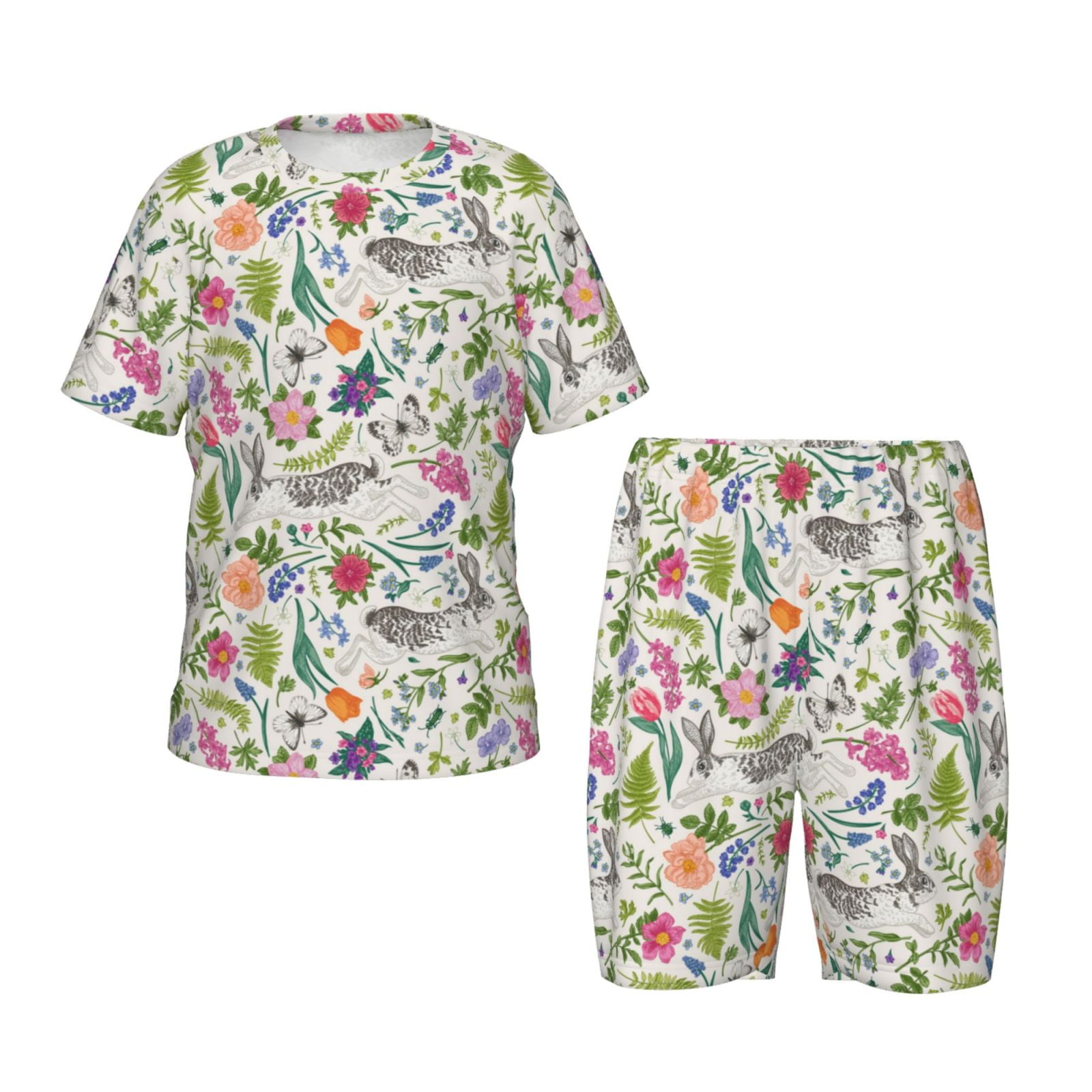 Daiia Rabbit And Butterfly Print Children’s Cotton Pajama Set – Short-Sleeved Top & Shorts ...