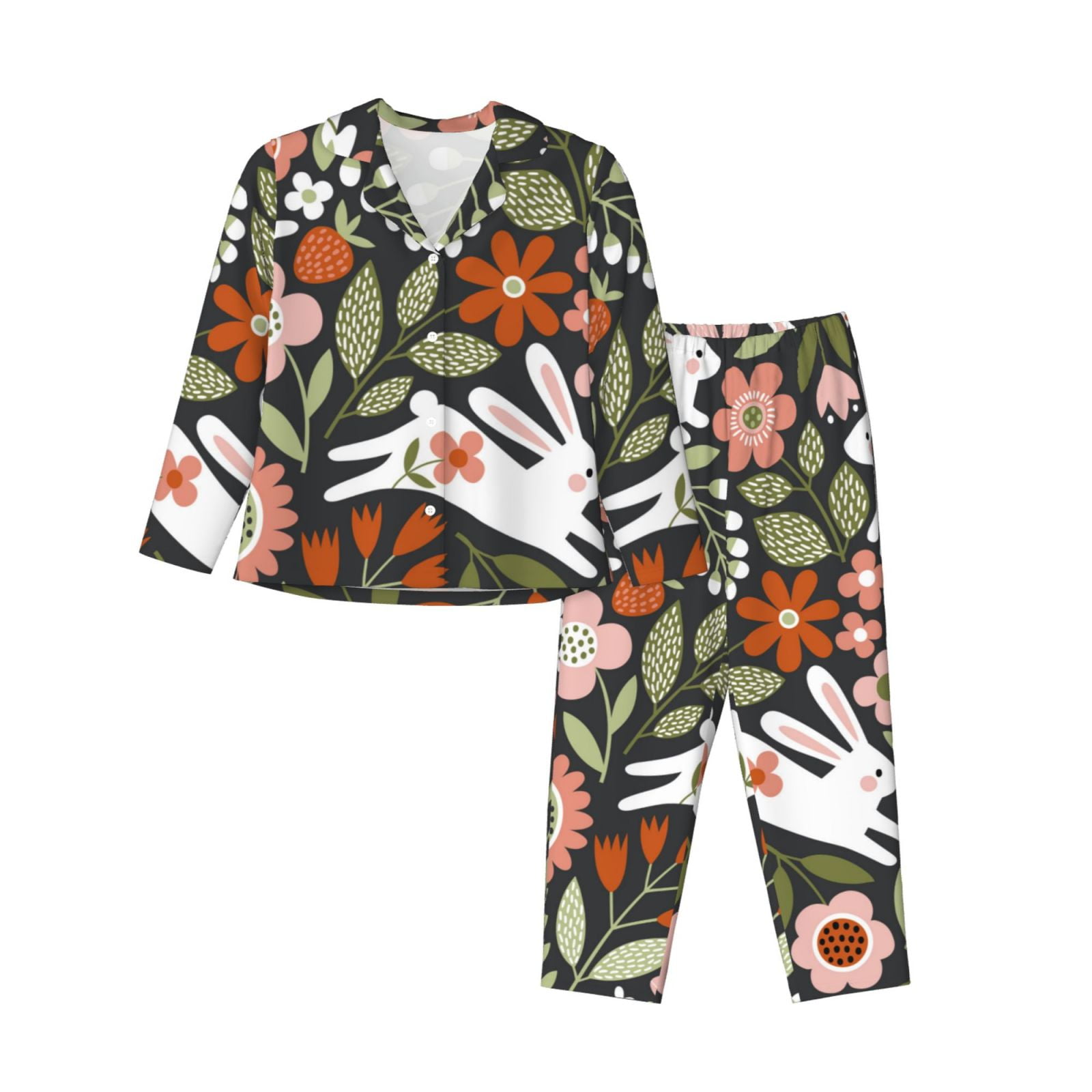 Daiia Rabbits on Floral for Women's Long-Sleeved Pajama Set – Soft ...