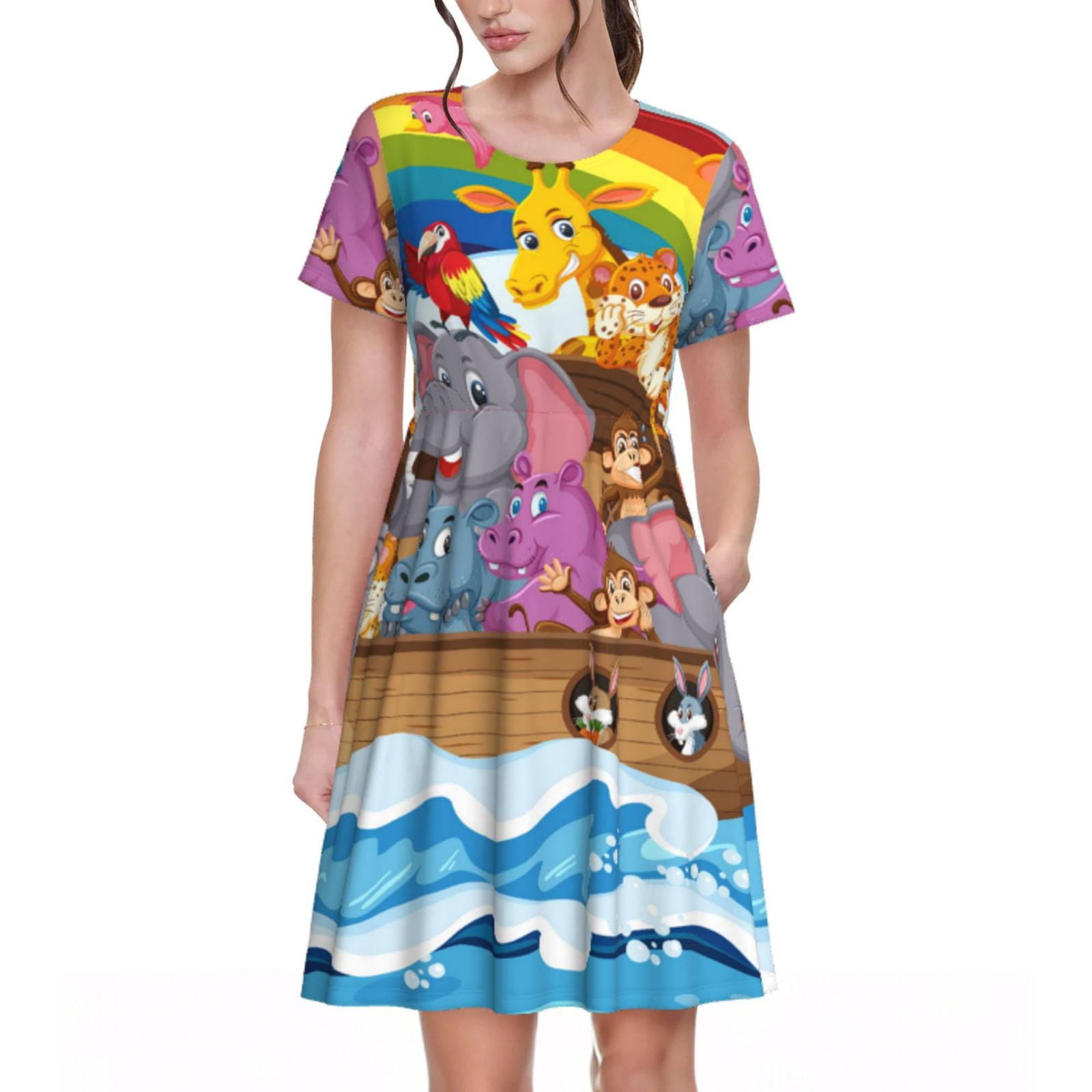 Daiia Rainbow Animals on Noah's Ark Print Women's Dresses 2025 Trendy ...