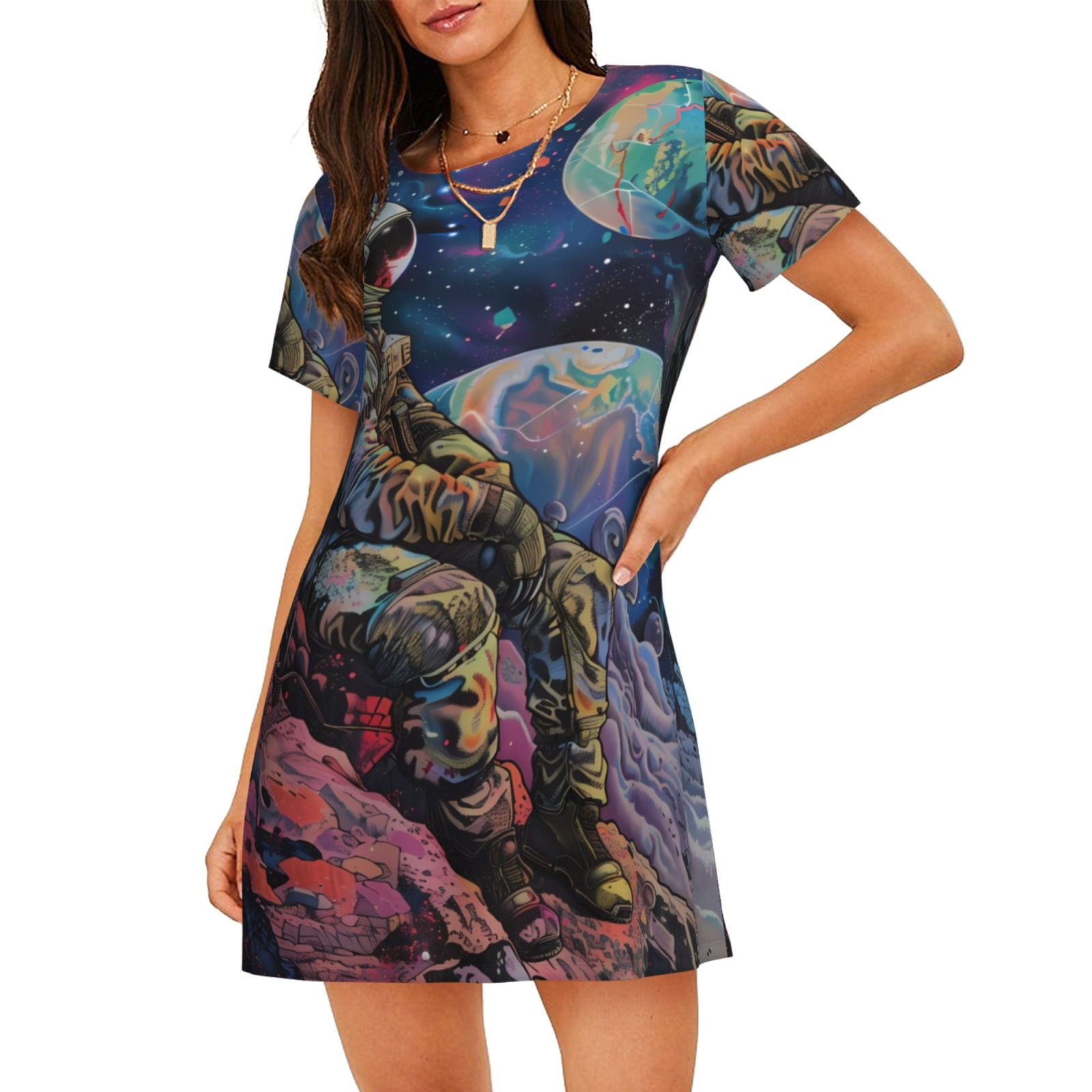 Daiia Rainbow Astronaut Space Landscape Print Women's Nightshirt Soft ...