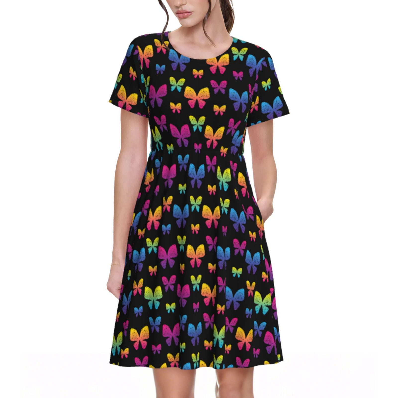 Daiia Rainbow Butterfly Print Women's Dresses 2025 Trendy Short sleeve ...