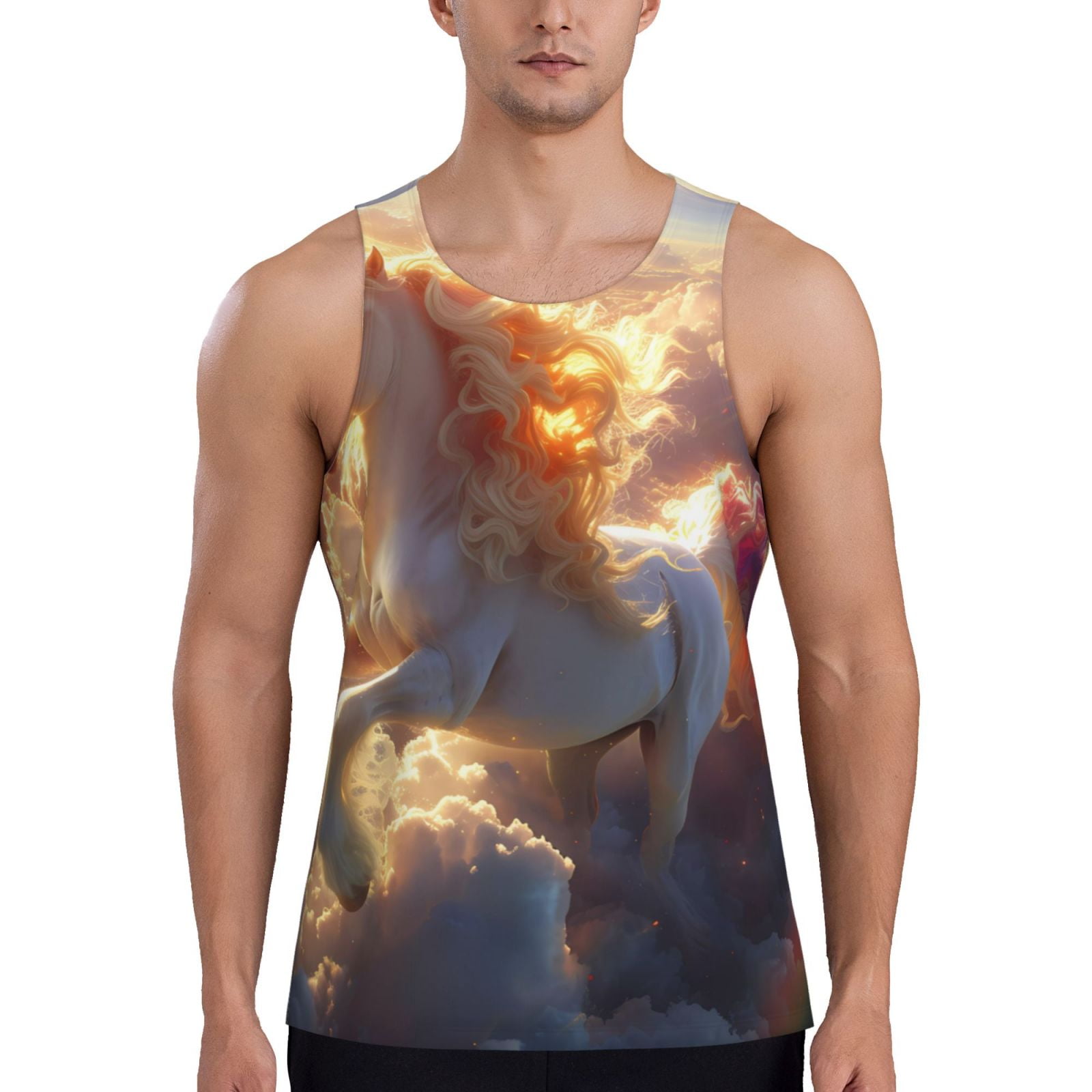 Daiia Rainbow Cloud White Horse Printed Men's Quick Dry Fit Muscle Tank ...