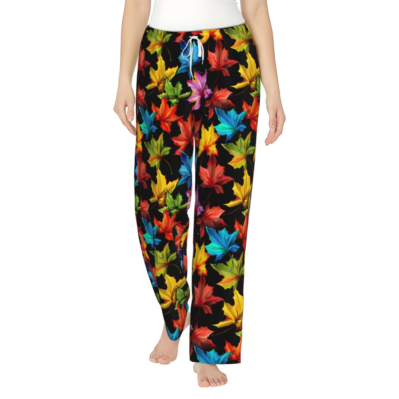 Daiia Rainbow Colorful Maple Leaves Women's Sleep Pant with Pockets and ...