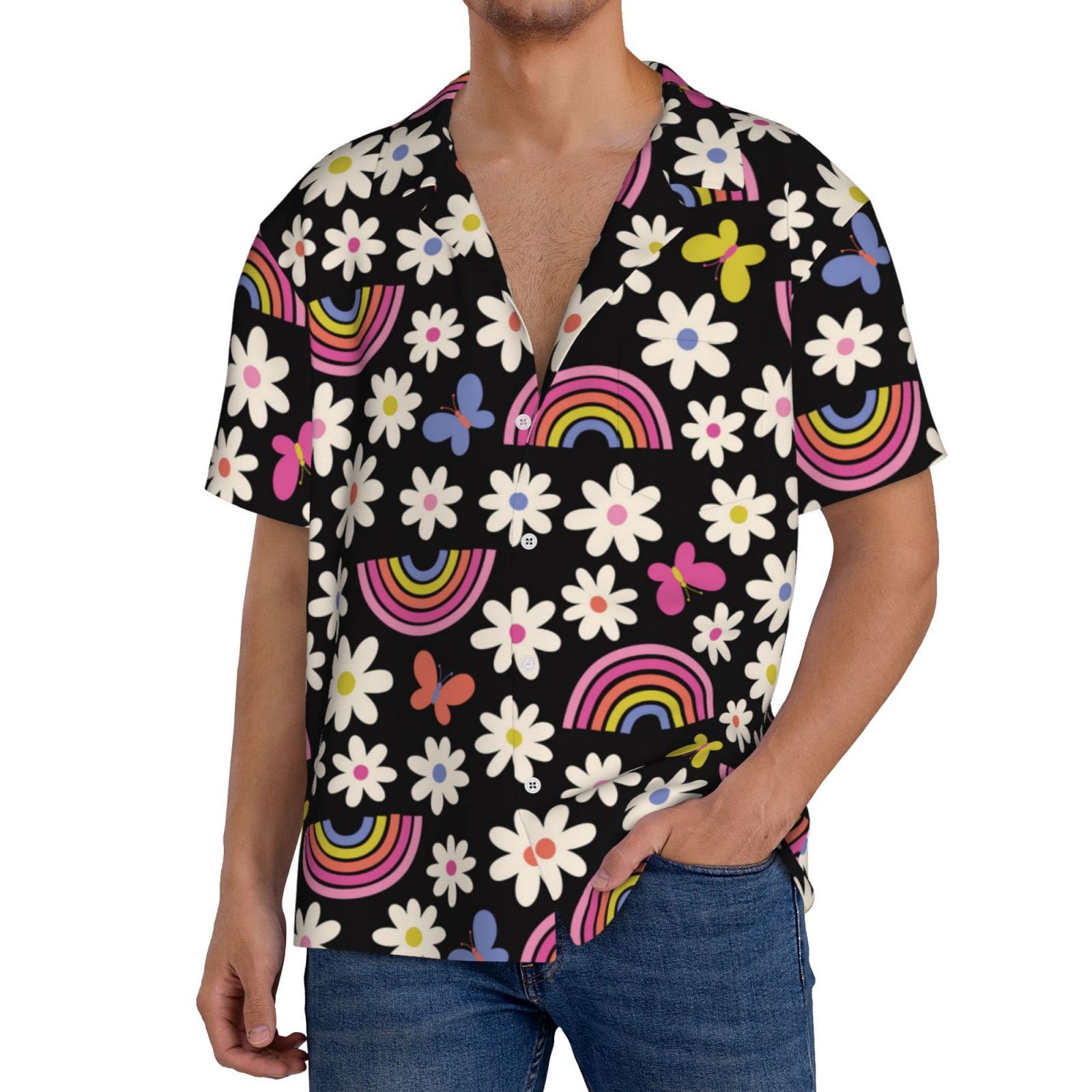 Daiia Rainbow Flowers Men's Linen Shirts Short Sleeve Casual Shirts ...
