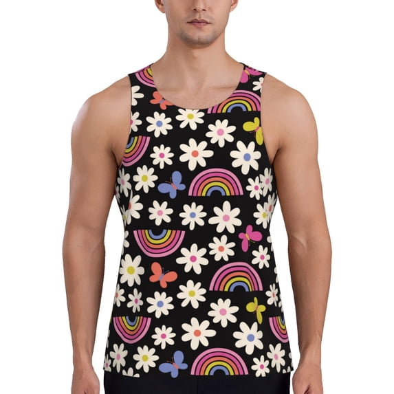 Daiia Rainbow Flowers Printed Men's Quick Dry Fit Muscle Tank Top Slim ...