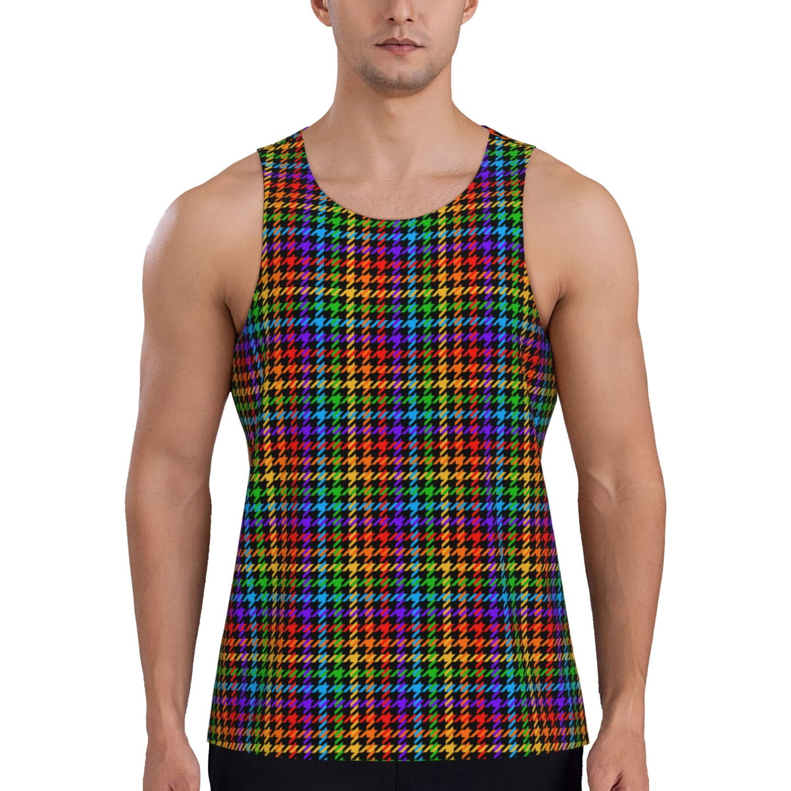 Daiia Rainbow Houndstooth Printed Men's Quick Dry Fit Muscle Tank Top ...