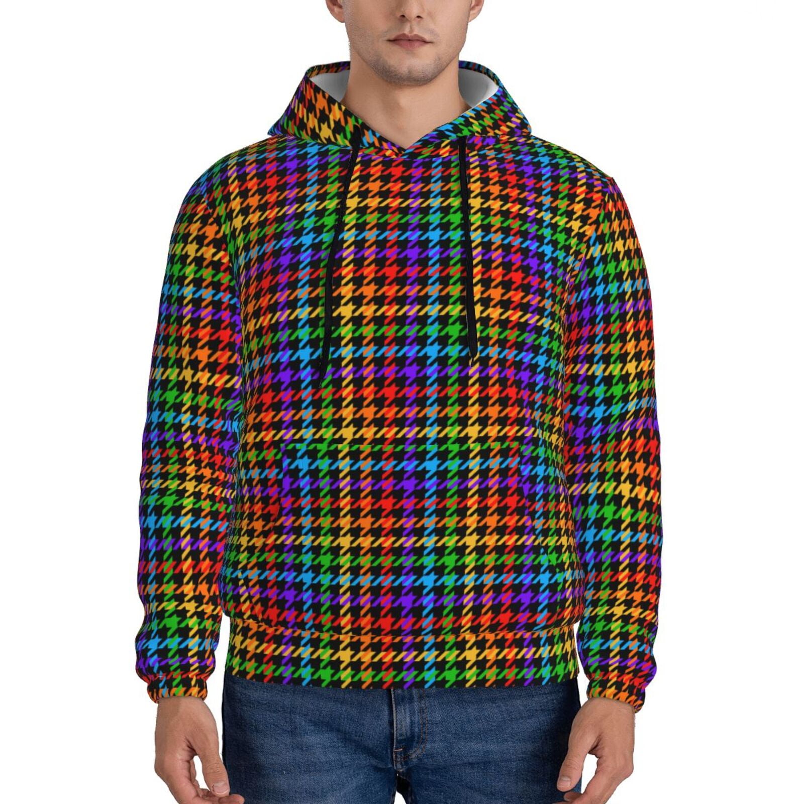 Daiia Rainbow Houndstooth for Men's Fashion Hoodies & Sweatshirts with Kangaroo Pocket Hooded ...