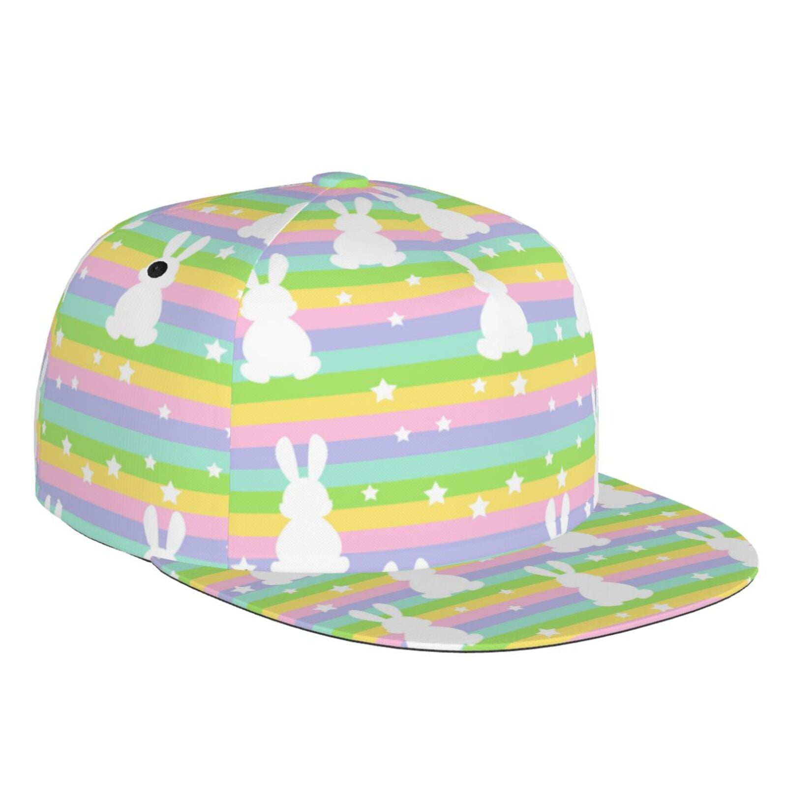 Daiia Rainbow Rabbit print Flat Bill Hats Flat Brim Trucker Cap ...