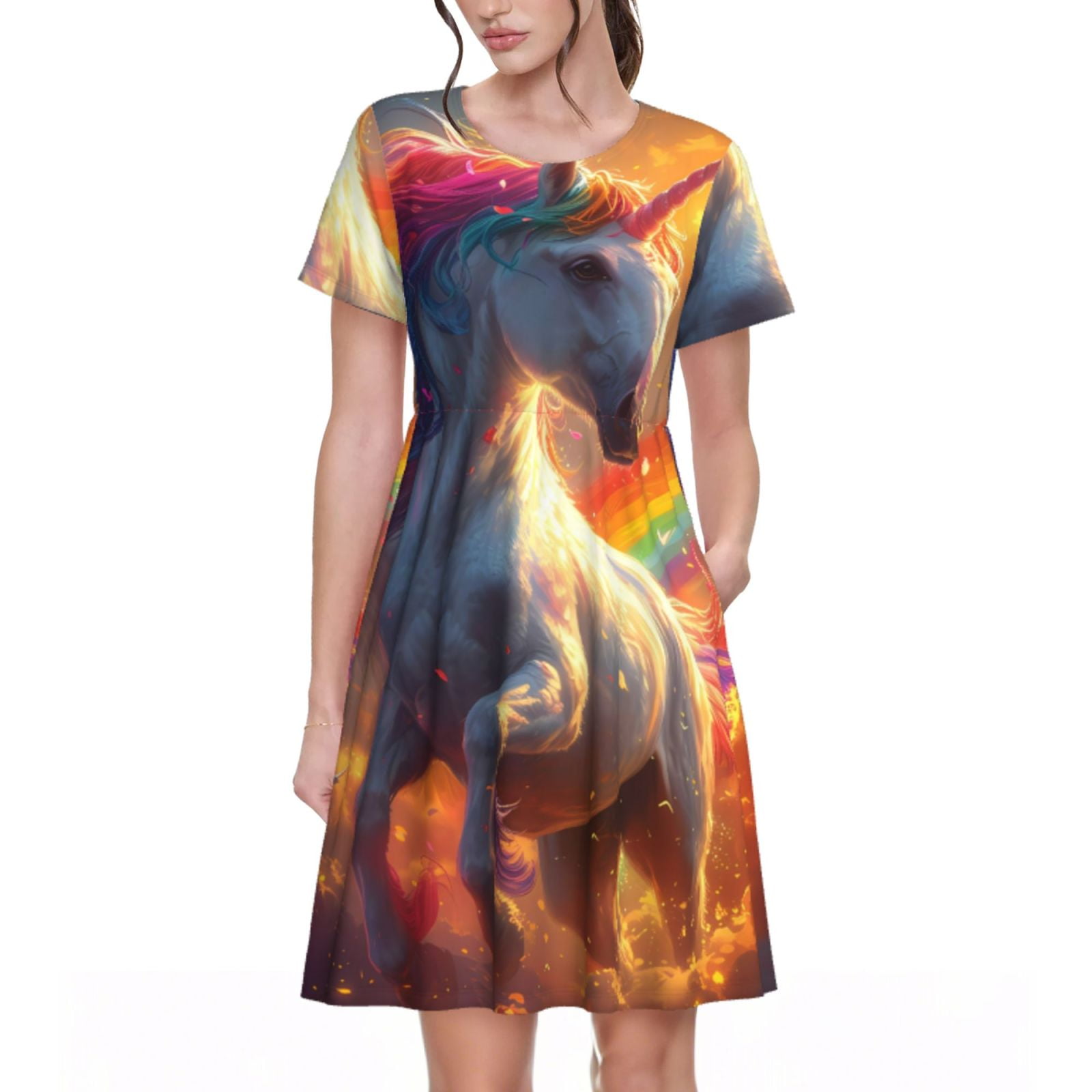 Daiia Rainbow Sunset Cloud White Horse Print Women's Dresses 2025 ...