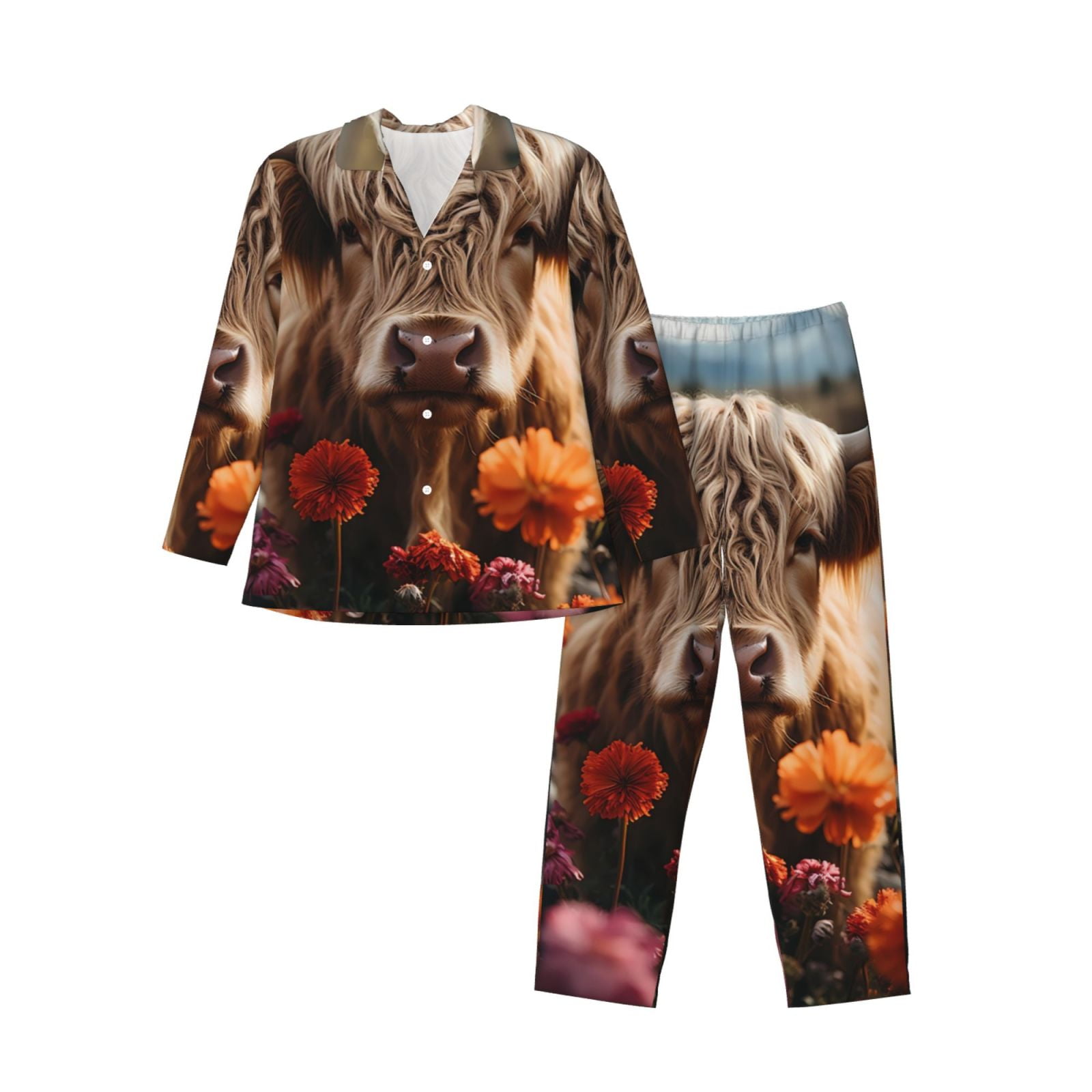 Daiia Realistic Flower Cow for Men's Long-Sleeved Pajama Set – Soft ...