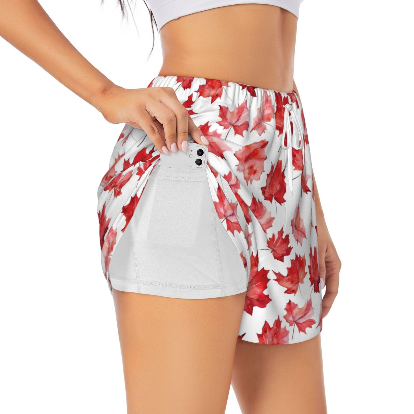 Daiia Realistic Maple Leaf Pattern Women's 2 in 1 Running Shorts ...