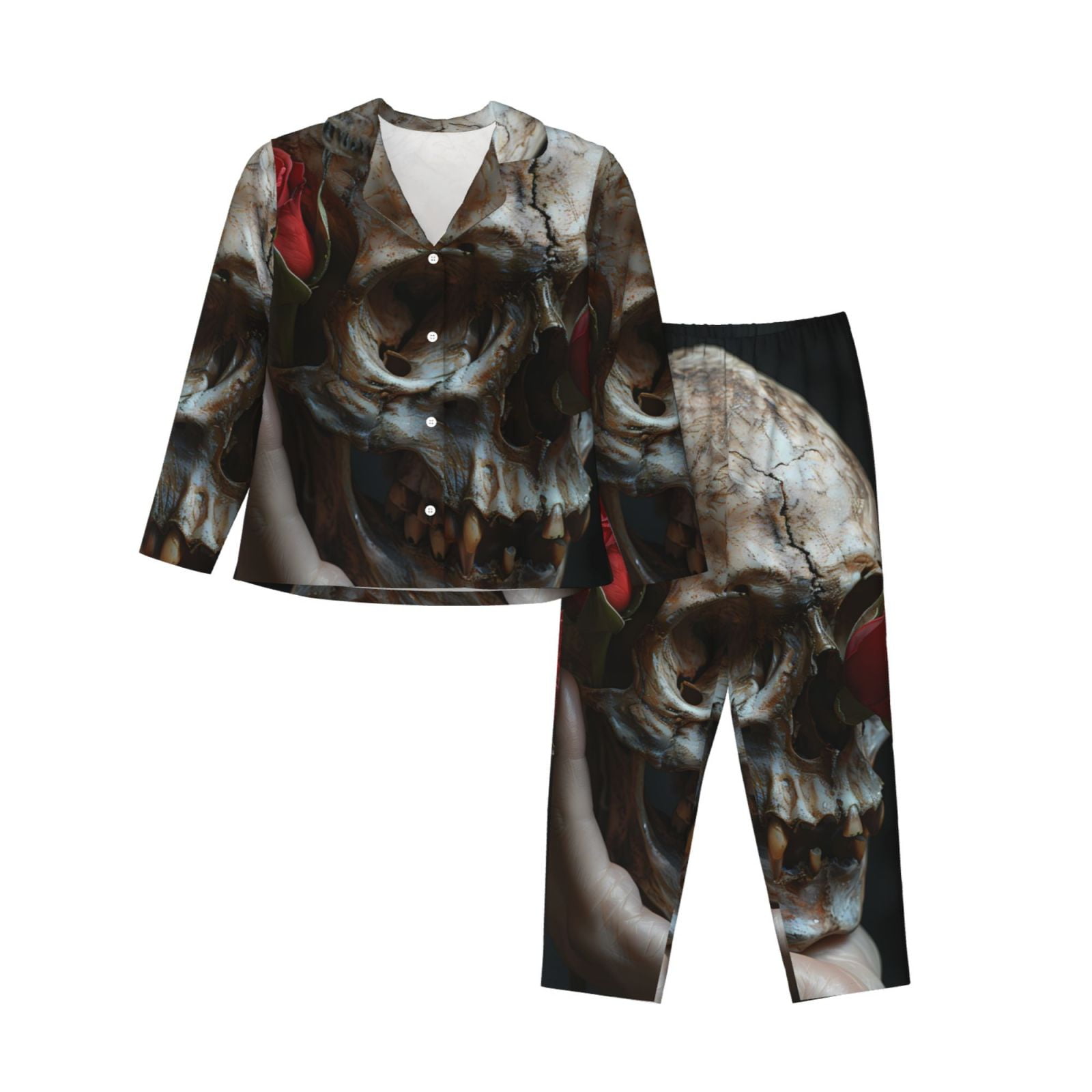 Daiia Realistic Rose Skull for Women's Long-Sleeved Pajama Set – Soft ...