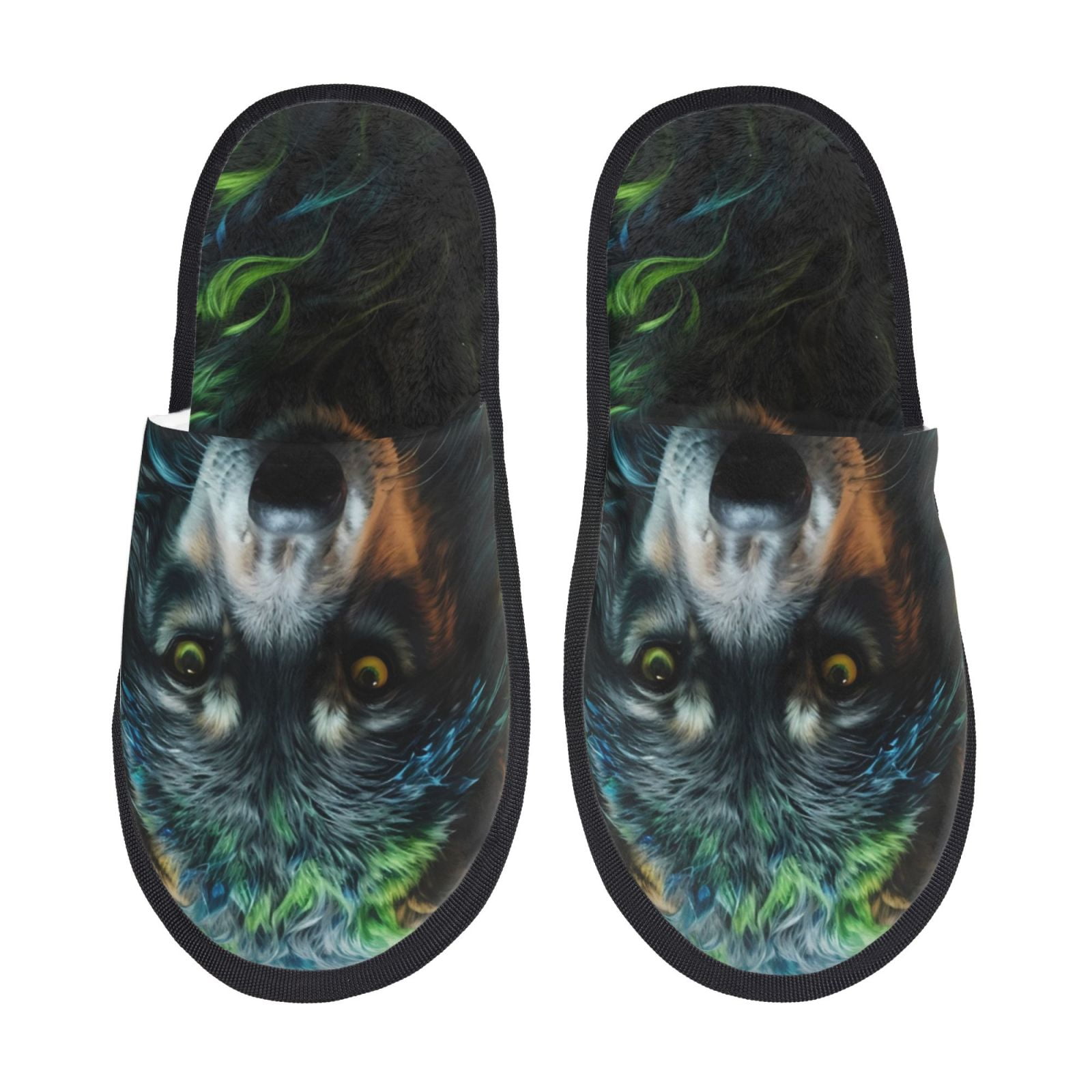 Daiia Realistic Style Colorful Wolf A Pattern Furry Slippers for Women ...