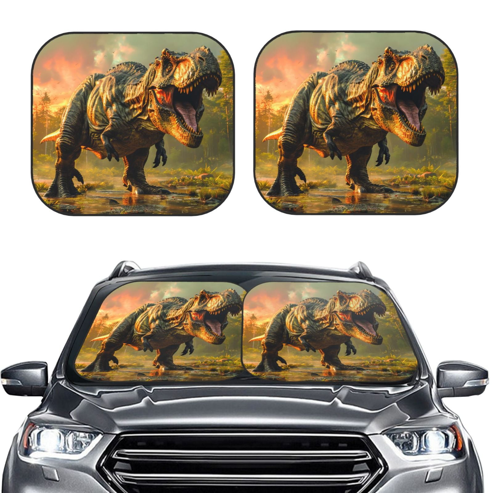 Daiia Realistic Style Forest Dinosaur 2PCS Car Windshield Sun Shade ...