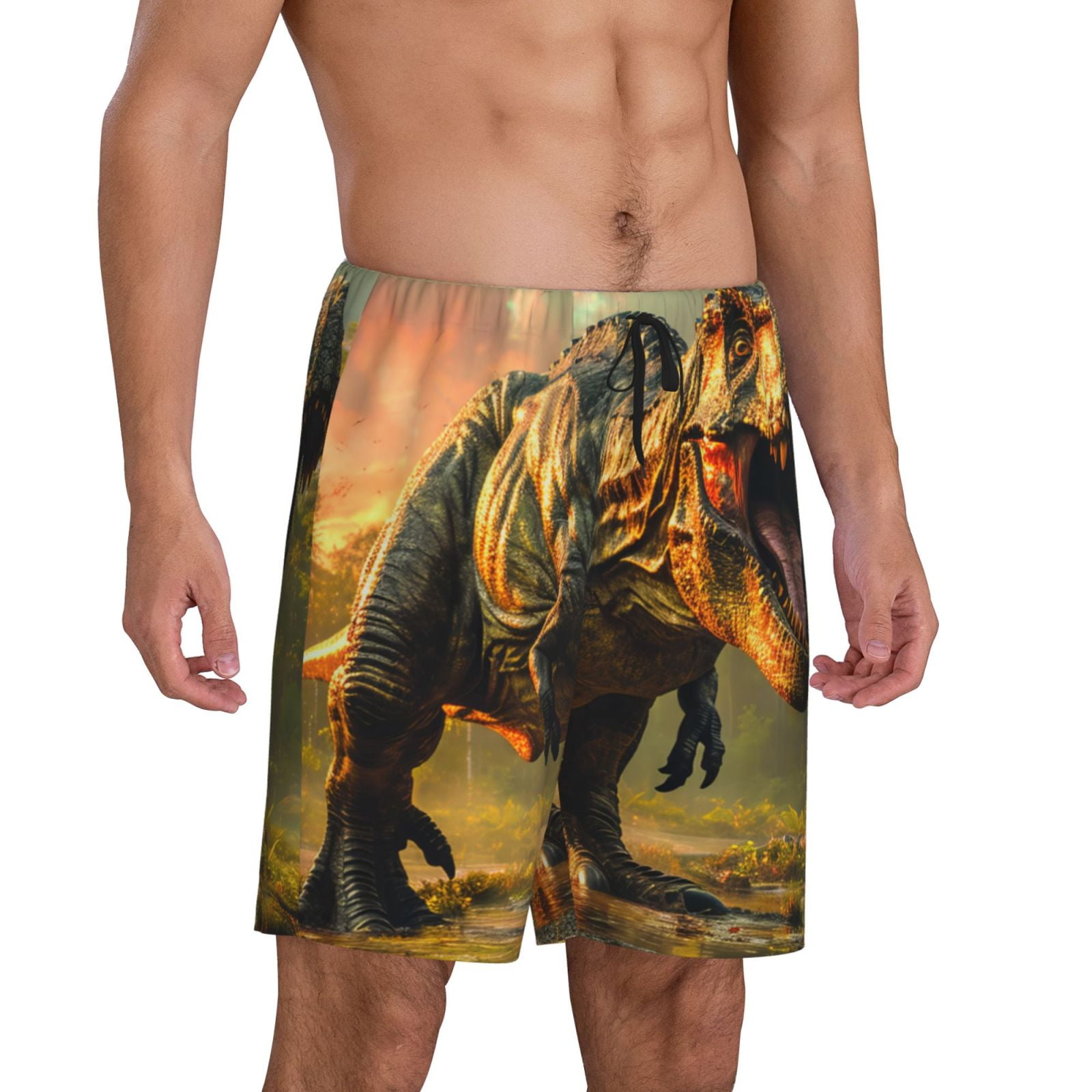 Daiia Realistic Style Forest Dinosaur Mens Woven Stretch Pajama Short ...