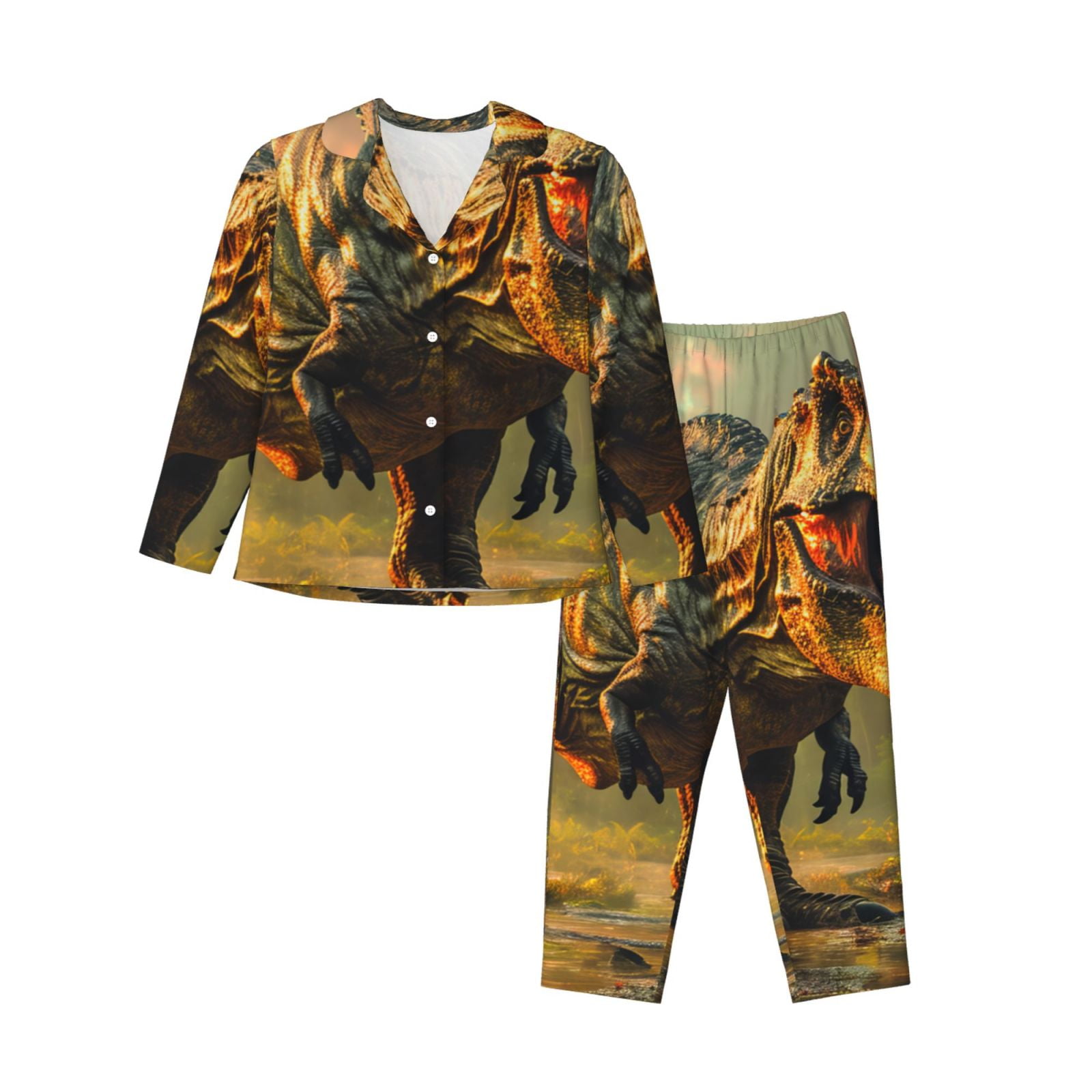 Daiia Realistic Style Forest Dinosaur for Women's Long-Sleeved Pajama ...