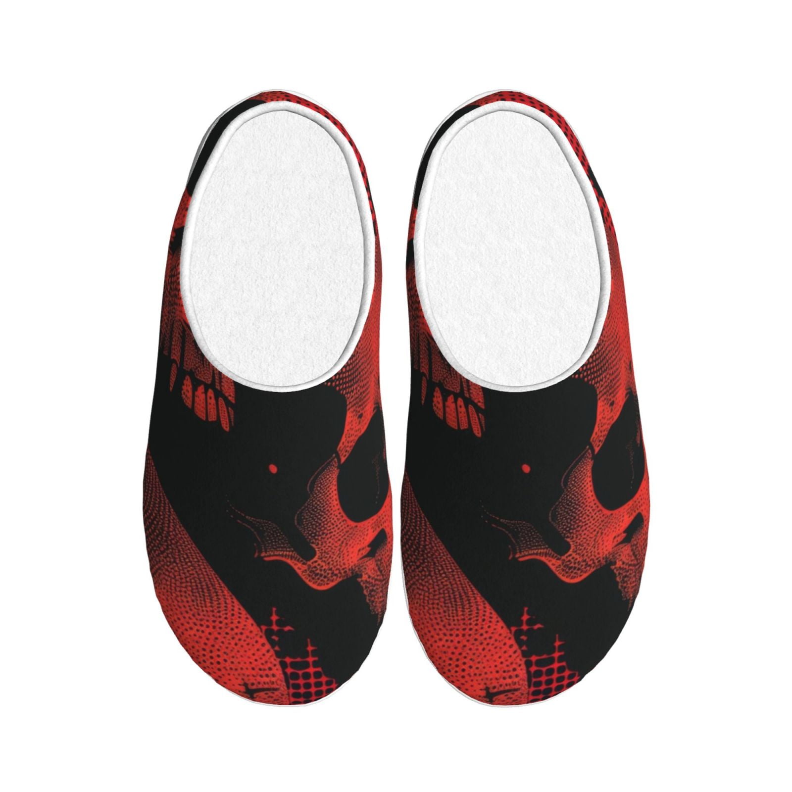 Daiia Red And Black Abstract Skull Print Women’s Fuzzy Slippers Memory ...