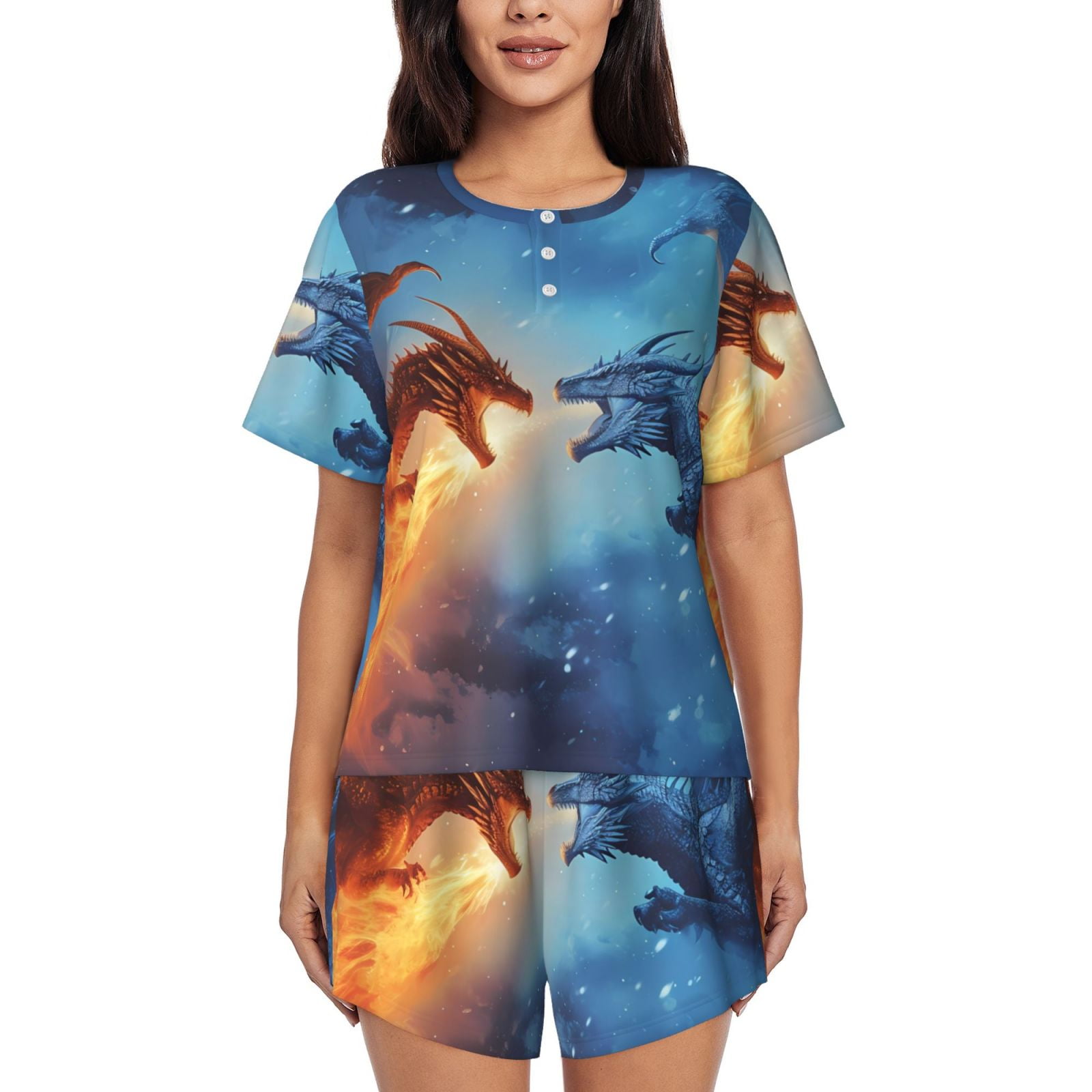 Daiia Red And Blue Fire Dragon A Pattern Womens Pajama Sets Short ...
