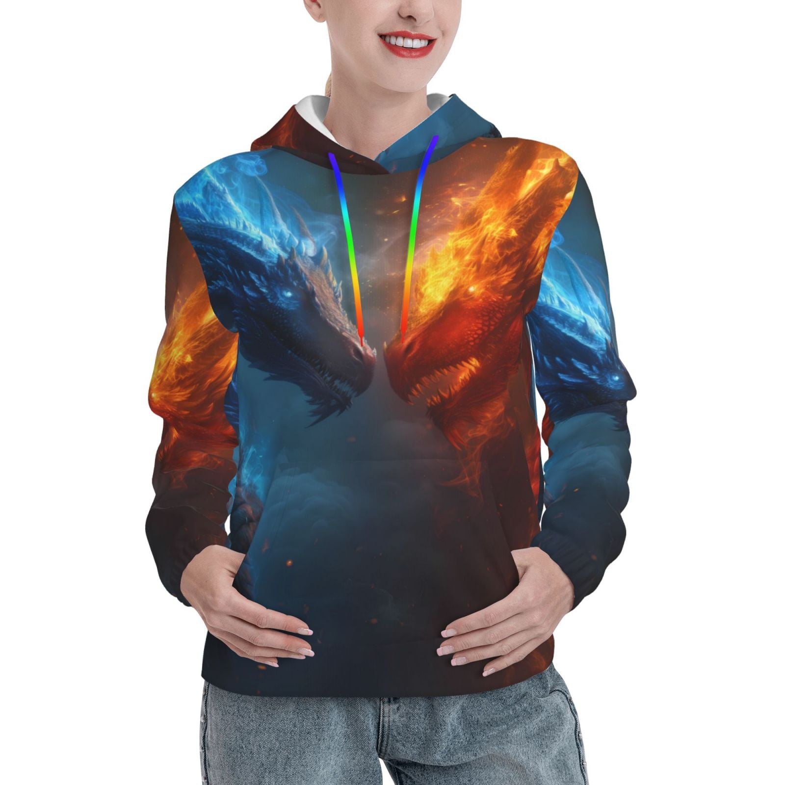 Daiia Red And Blue Fire Dragon E Pattern Women's Fashion Hoodies ...