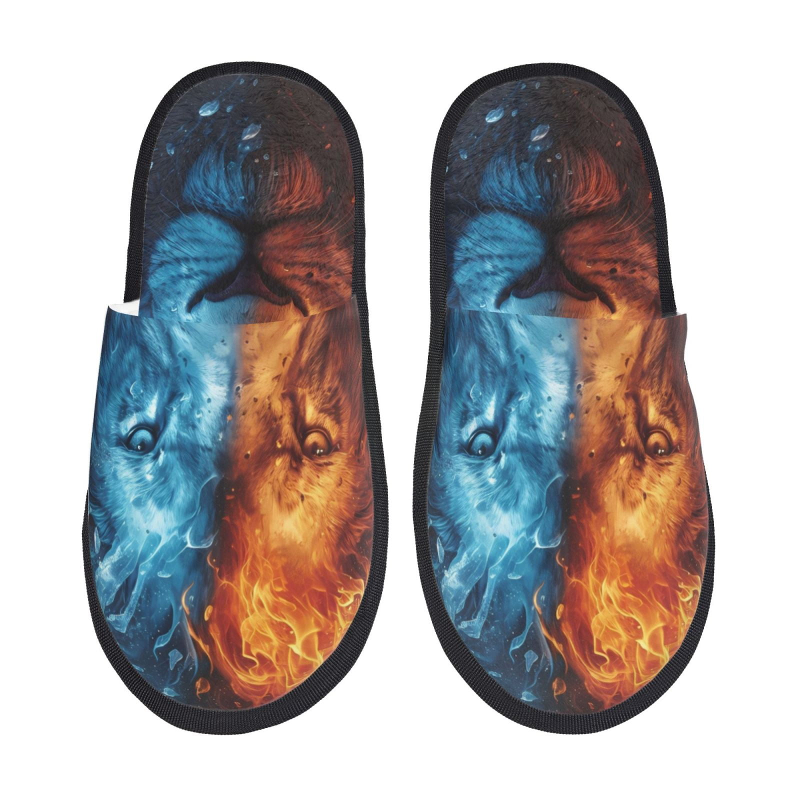 Daiia Red And Blue Fire Lion Pattern Furry Slippers for Women and Men ...