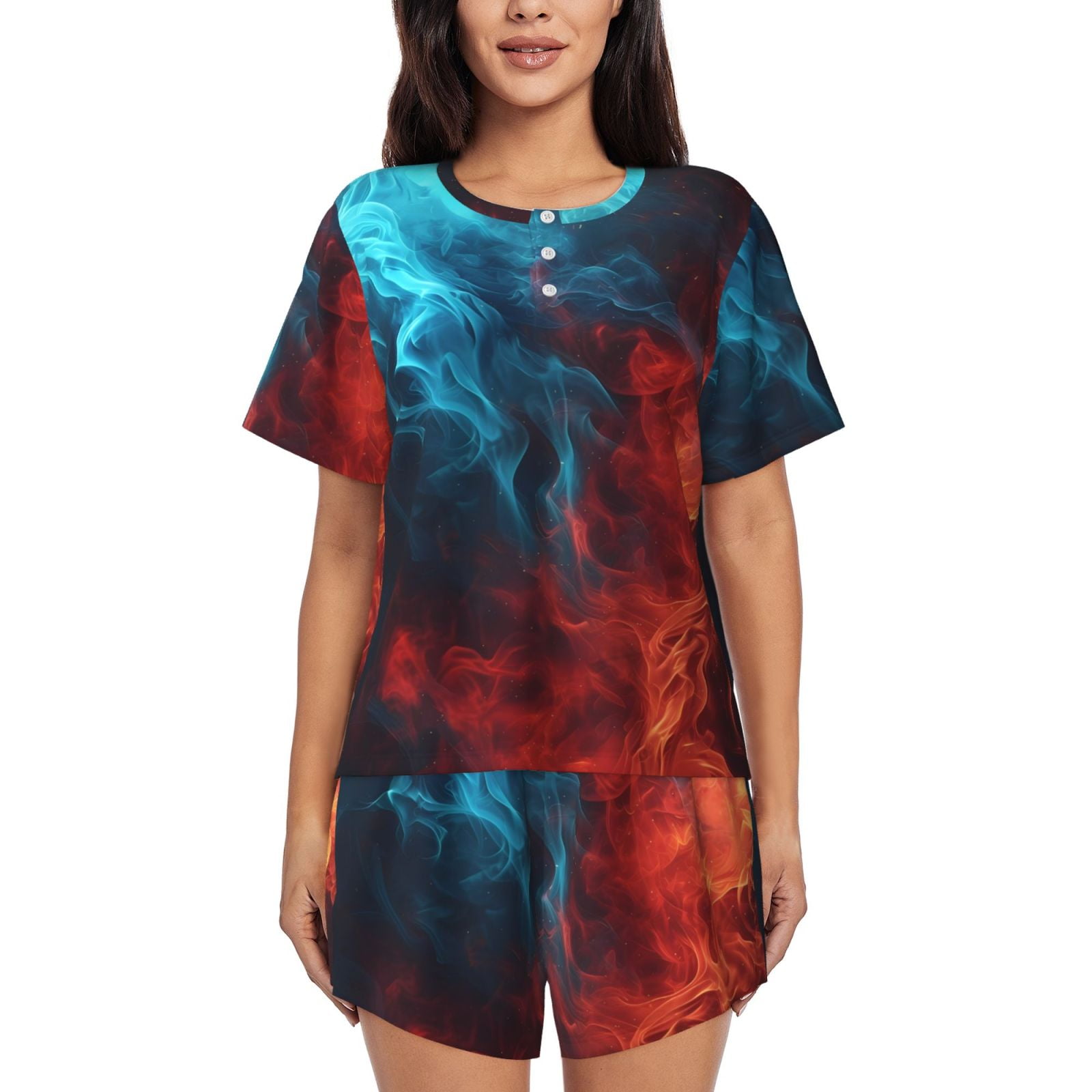 Daiia Red And Blue Fire Pattern Womens Pajama Sets Short Sleeve Pajamas ...