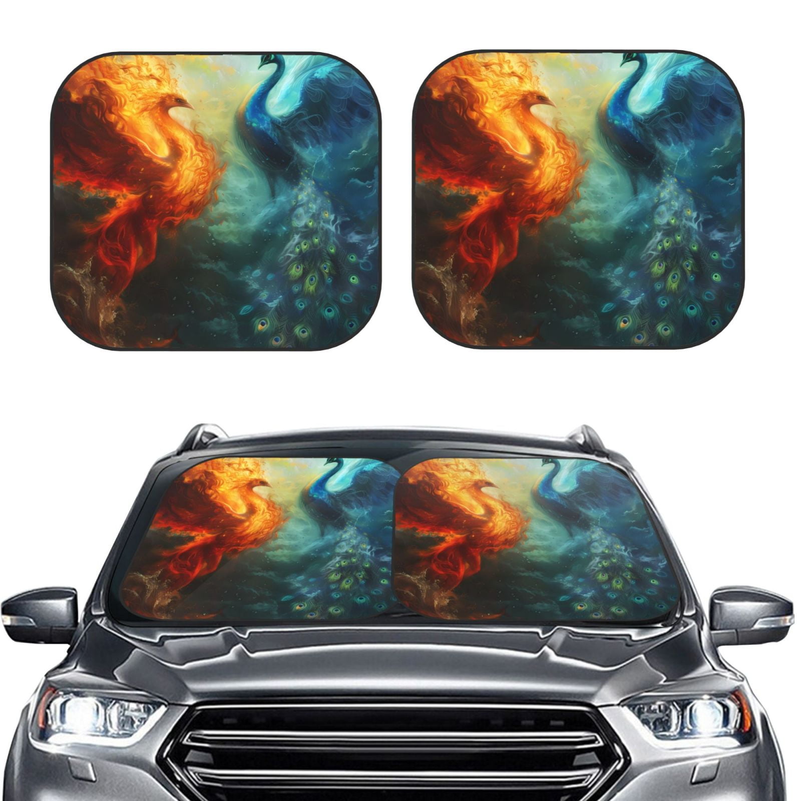 Daiia Red And Blue Fire Peacock 2PCS Car Windshield Sun Shade, Foldable ...